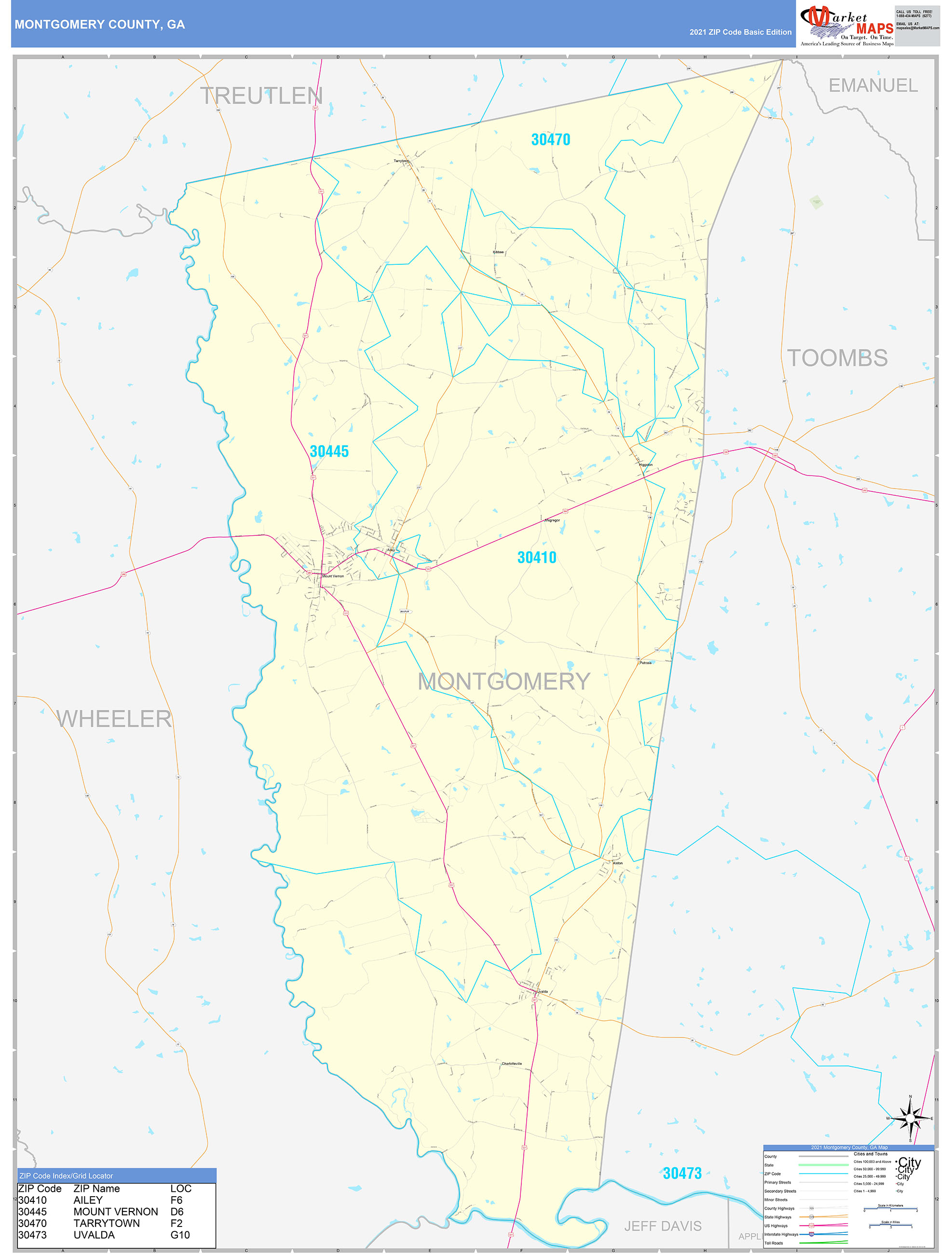 Montgomery County, GA Zip Code Wall Map Basic Style by MarketMAPS ...