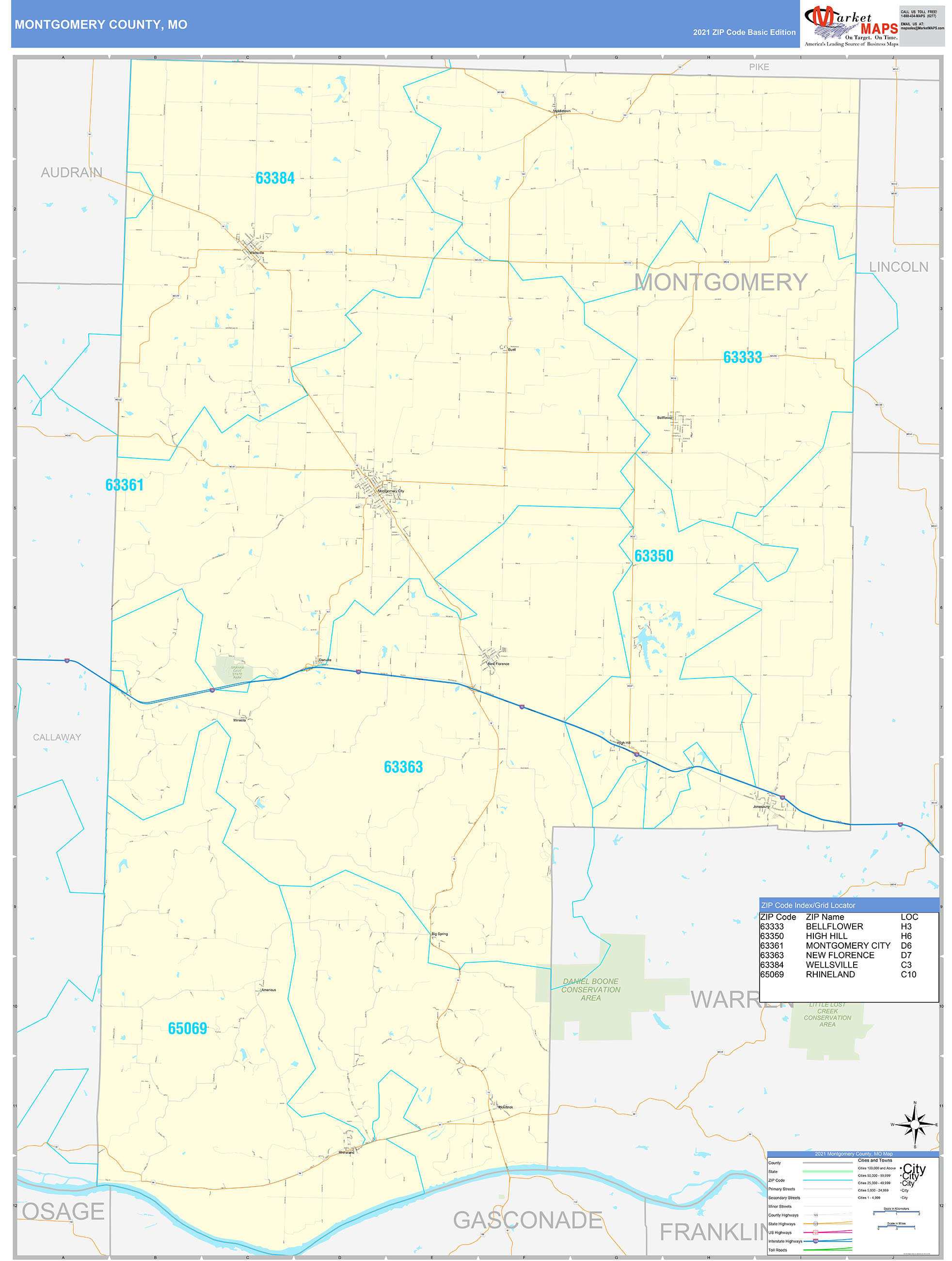 Montgomery County, MO Zip Code Wall Map Basic Style by MarketMAPS ...