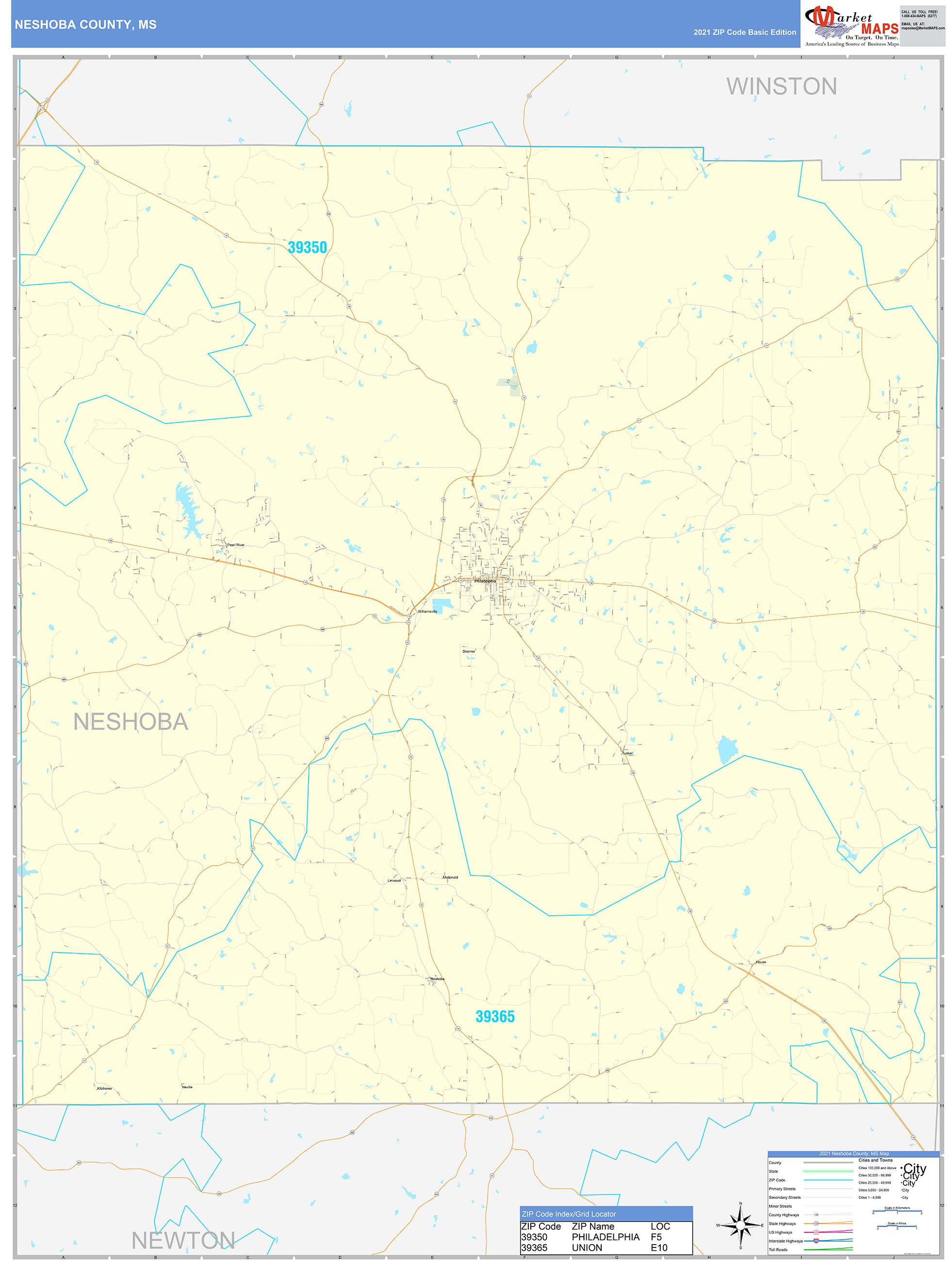 Neshoba County, MS Zip Code Wall Map Basic Style by MarketMAPS - MapSales