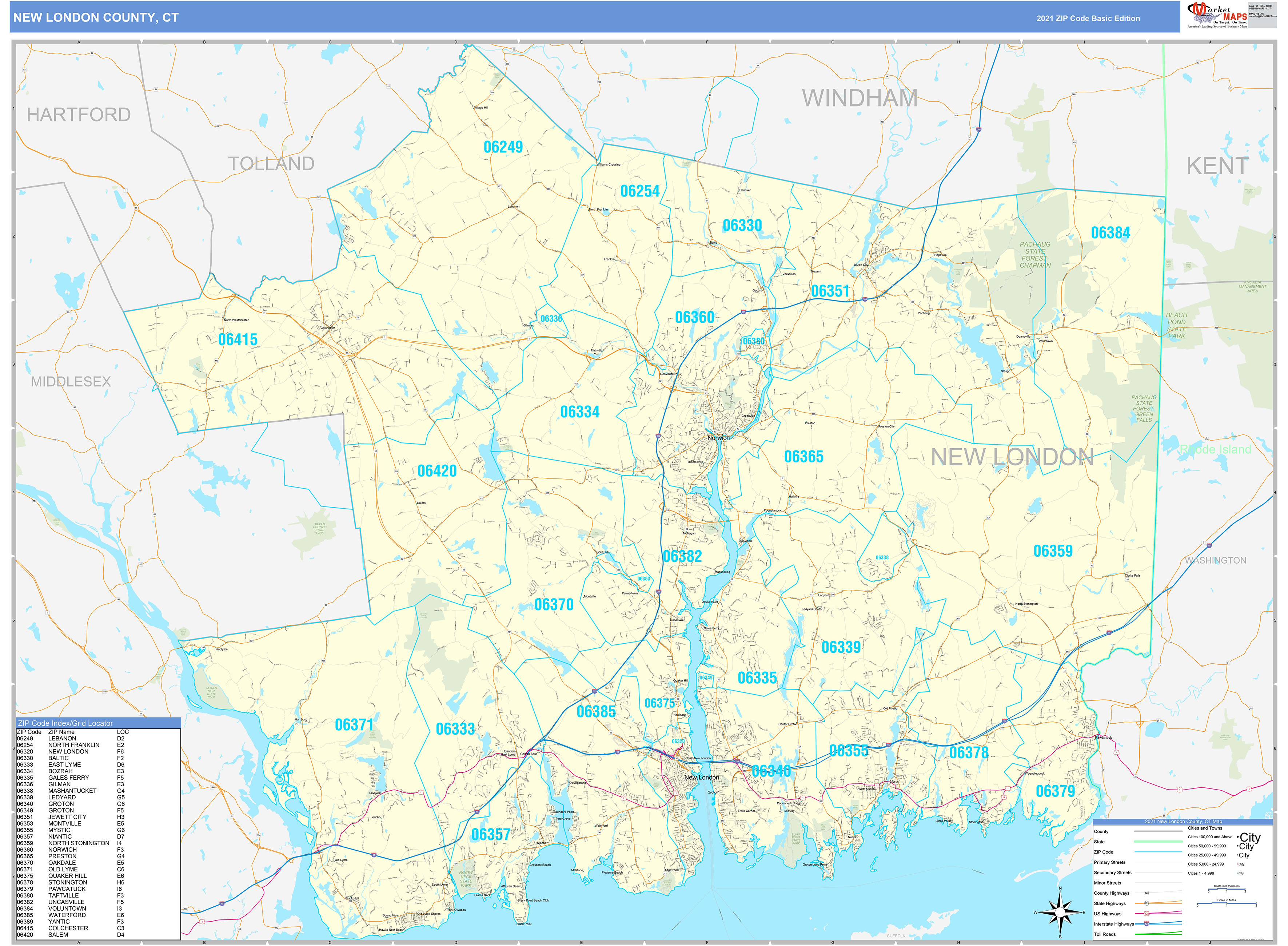 New London County Ct Zip Code Wall Map Basic Style By Marketmaps Mapsales