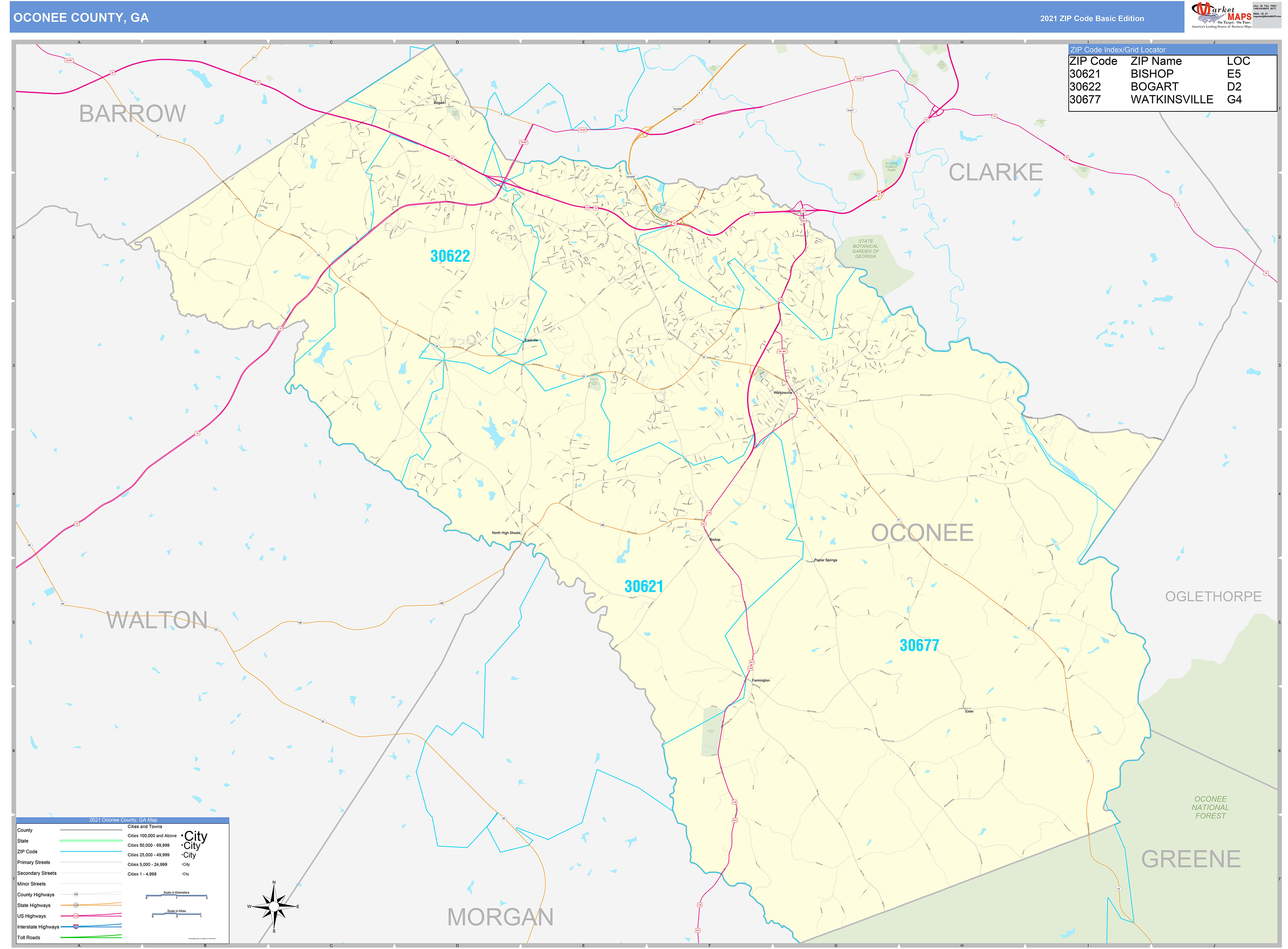Oconee County, GA Zip Code Wall Map Basic Style by MarketMAPS ...