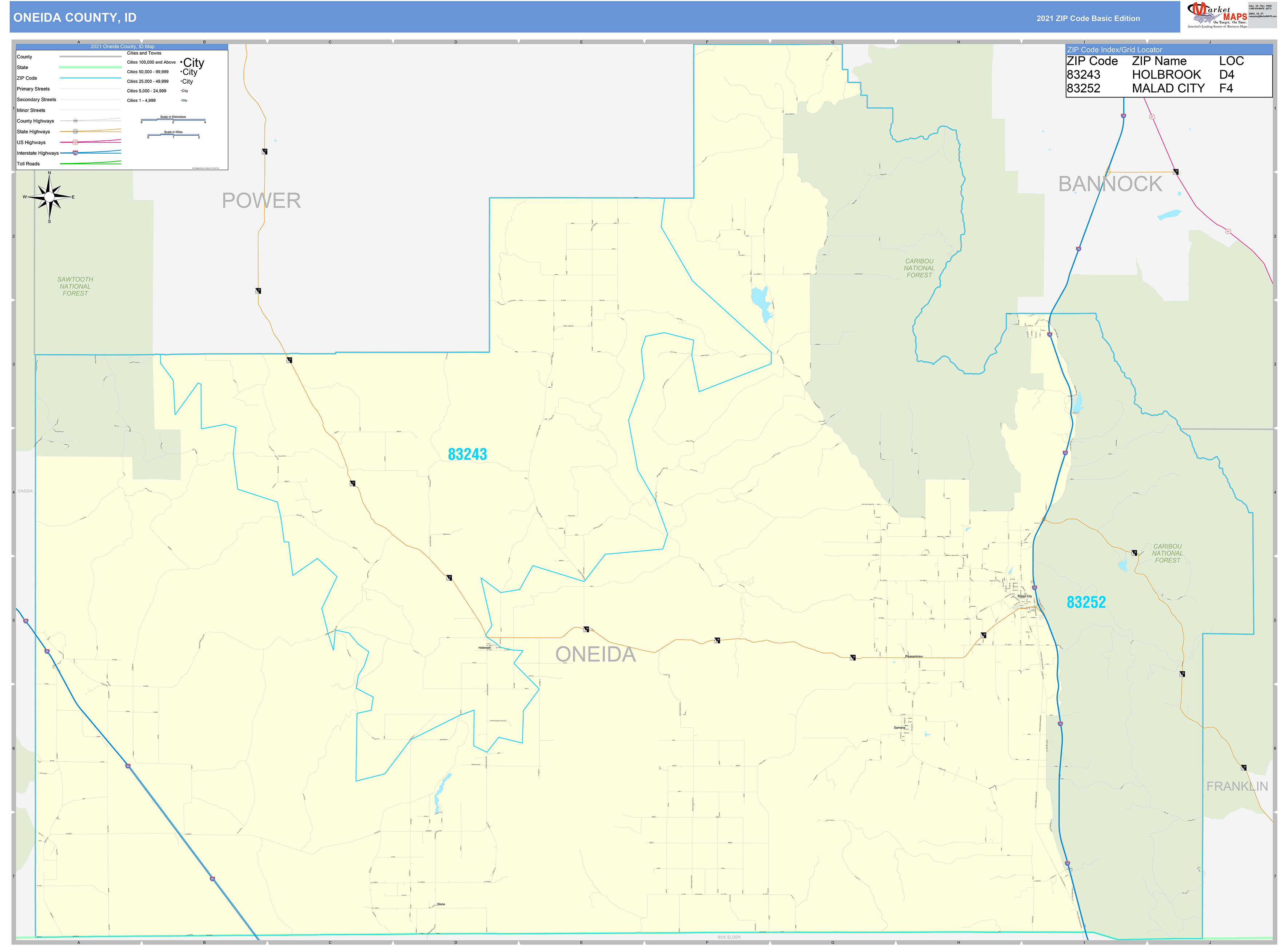 Oneida County, ID Zip Code Wall Map Basic Style by MarketMAPS - MapSales