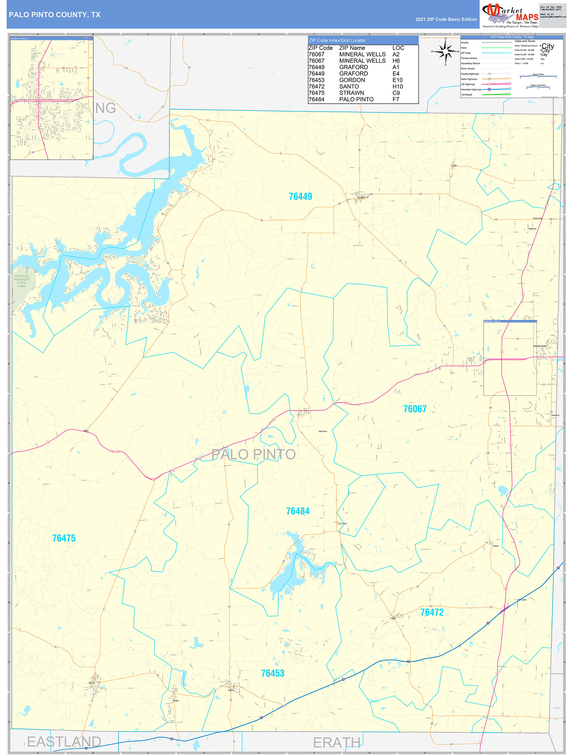 Palo Pinto County, TX Zip Code Wall Map Basic Style by MarketMAPS ...