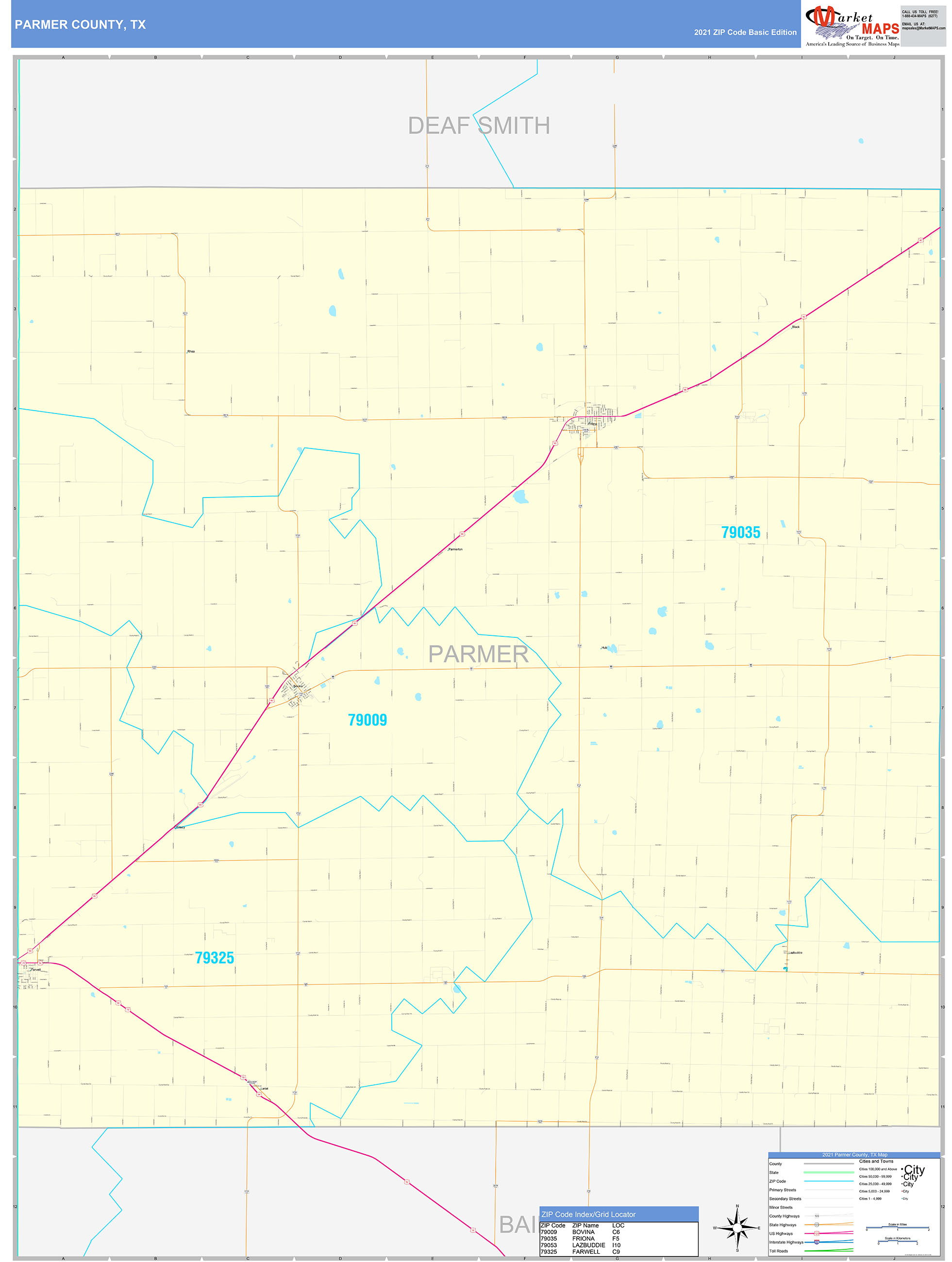 Parmer County, TX Zip Code Wall Map Basic Style by MarketMAPS