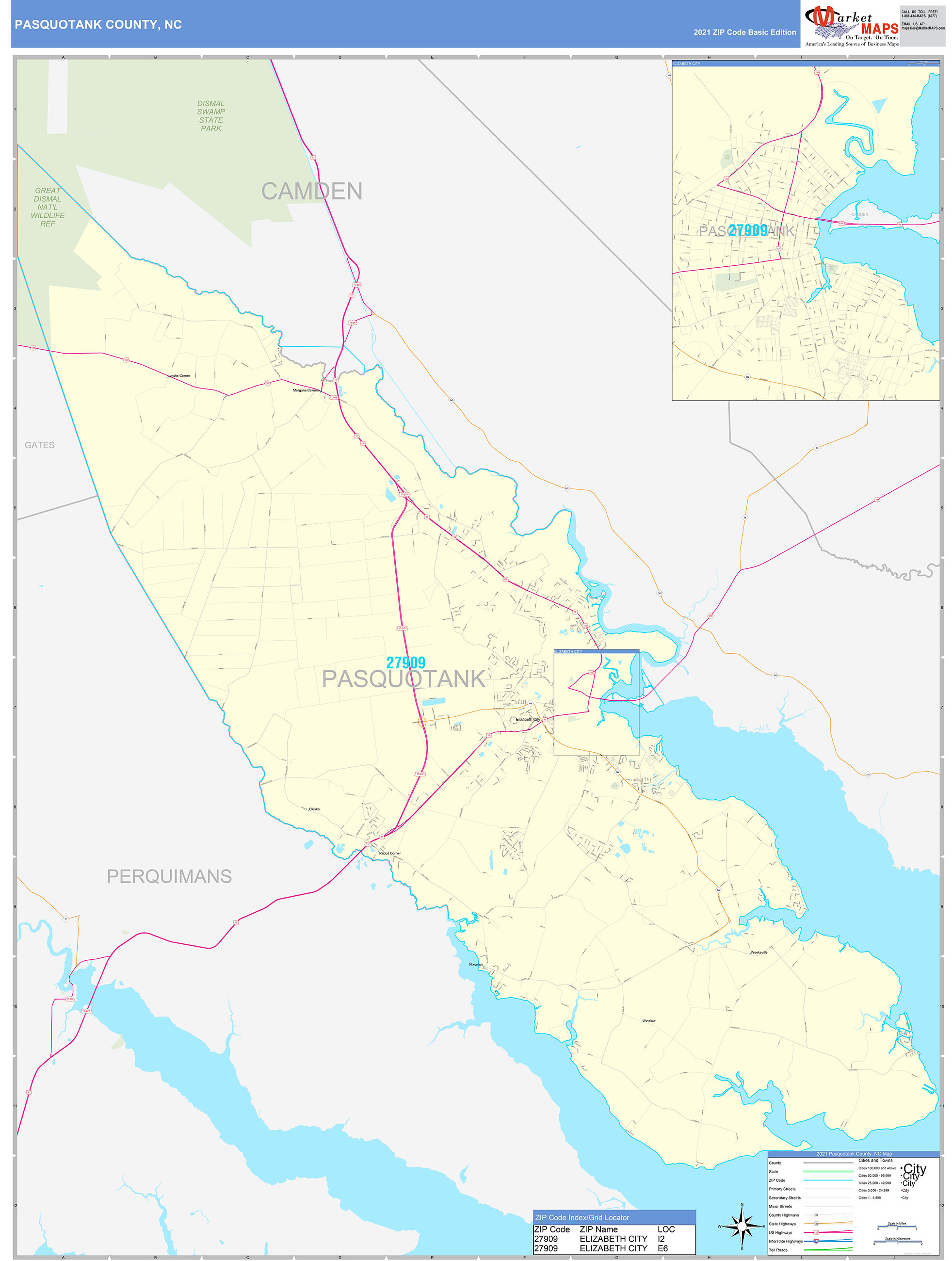 Pasquotank County, NC Zip Code Wall Map Basic Style by MarketMAPS - MapSales