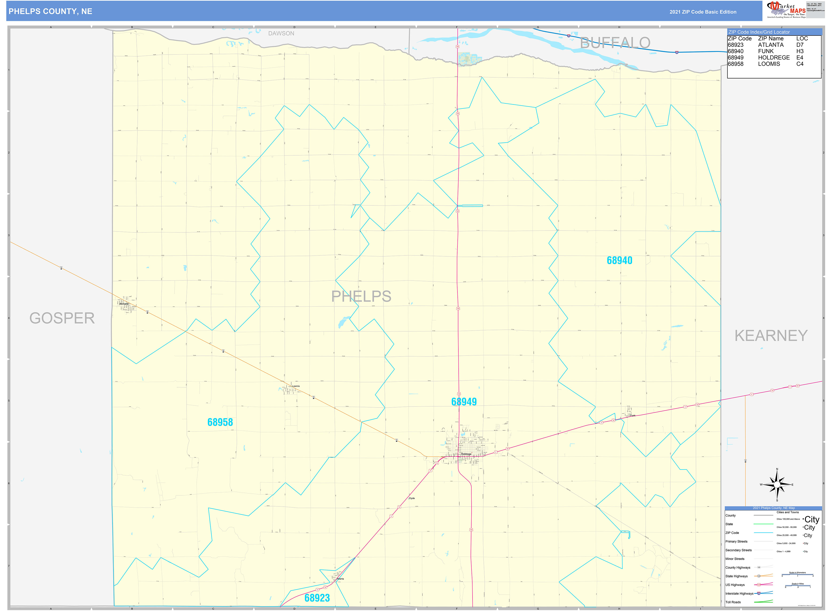 Phelps County, NE Zip Code Wall Map Basic Style by MarketMAPS - MapSales