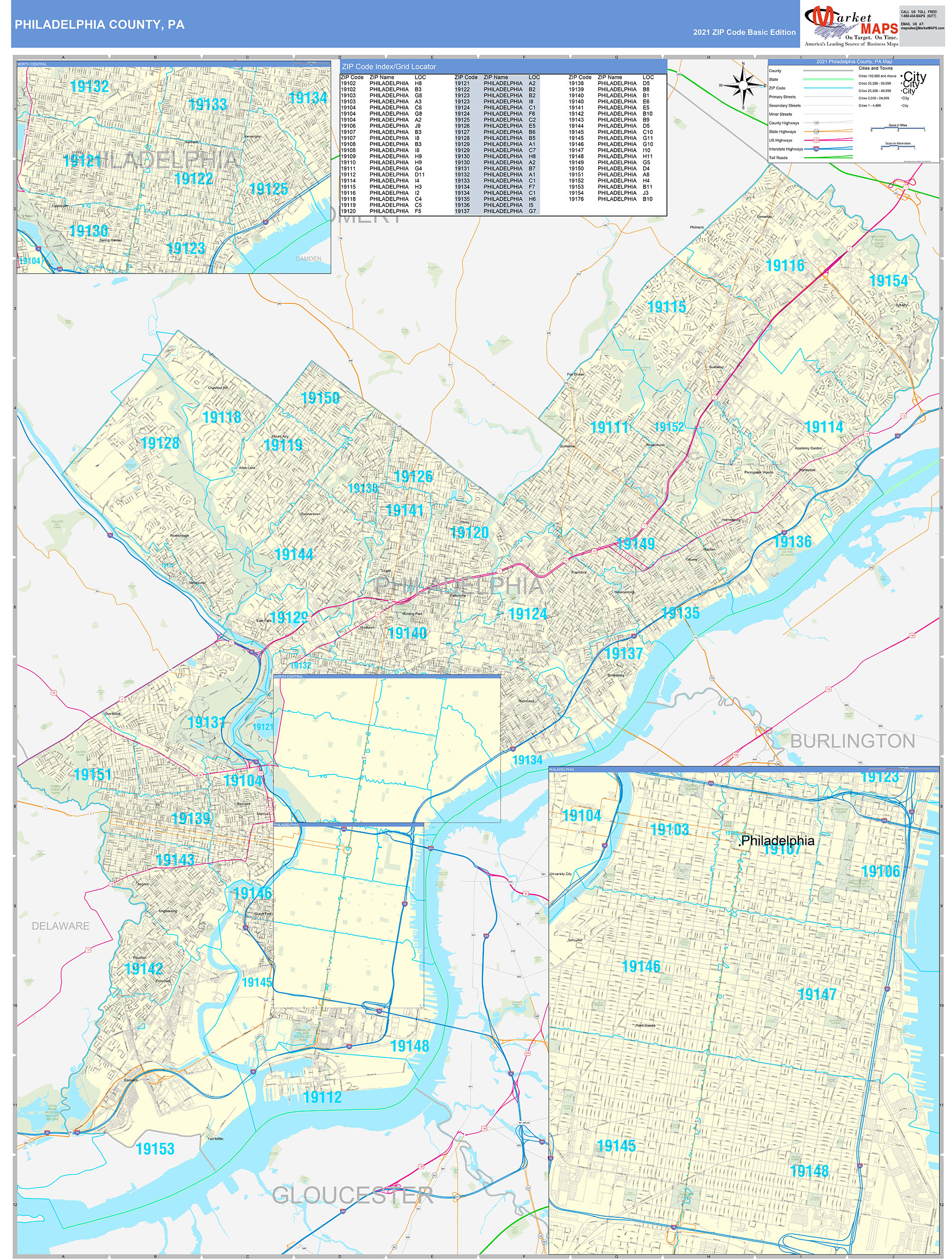 Philadelphia County, PA Zip Code Wall Map Basic Style by MarketMAPS ...