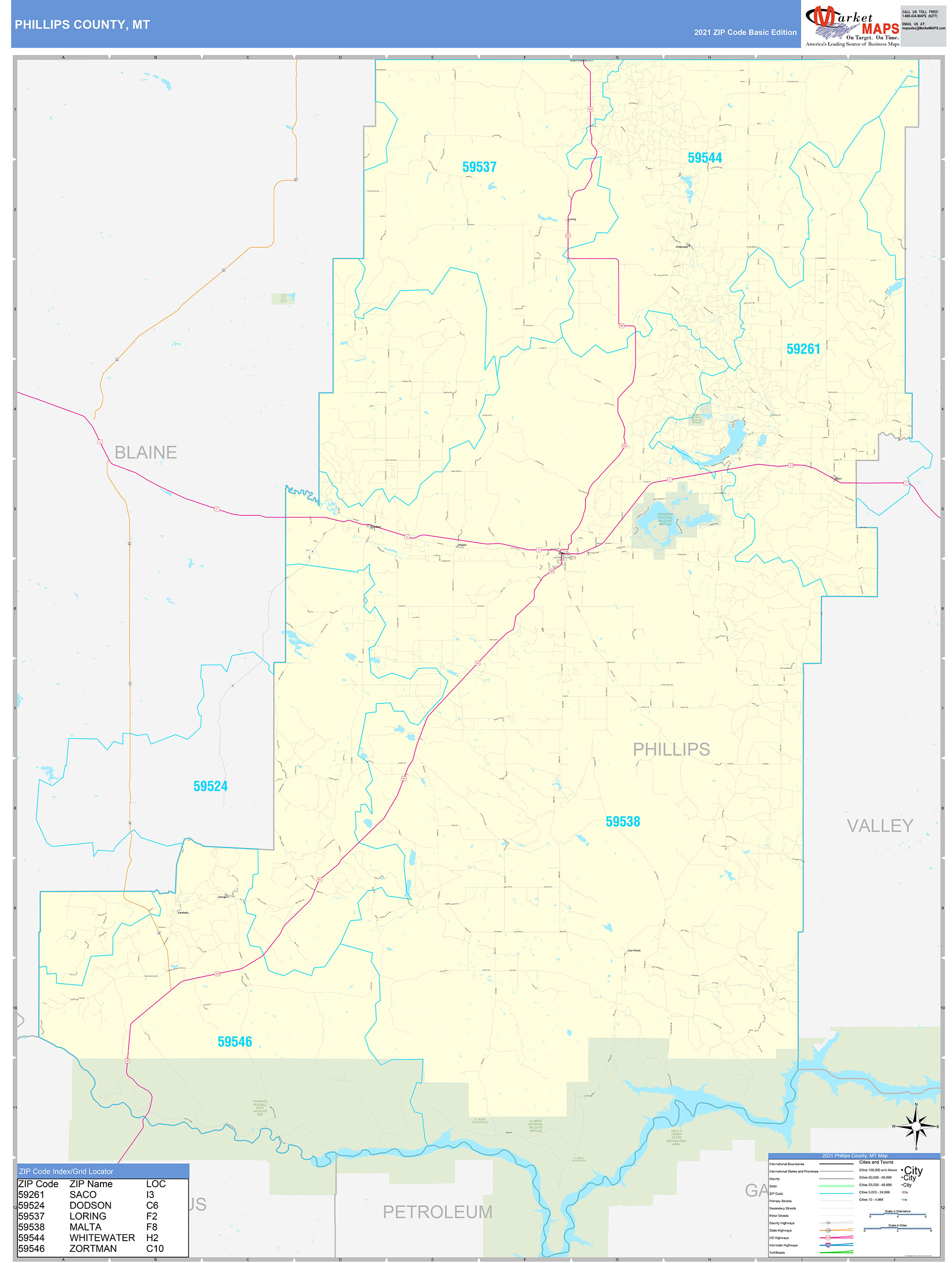 Phillips County, MT Zip Code Wall Map Basic Style by MarketMAPS - MapSales
