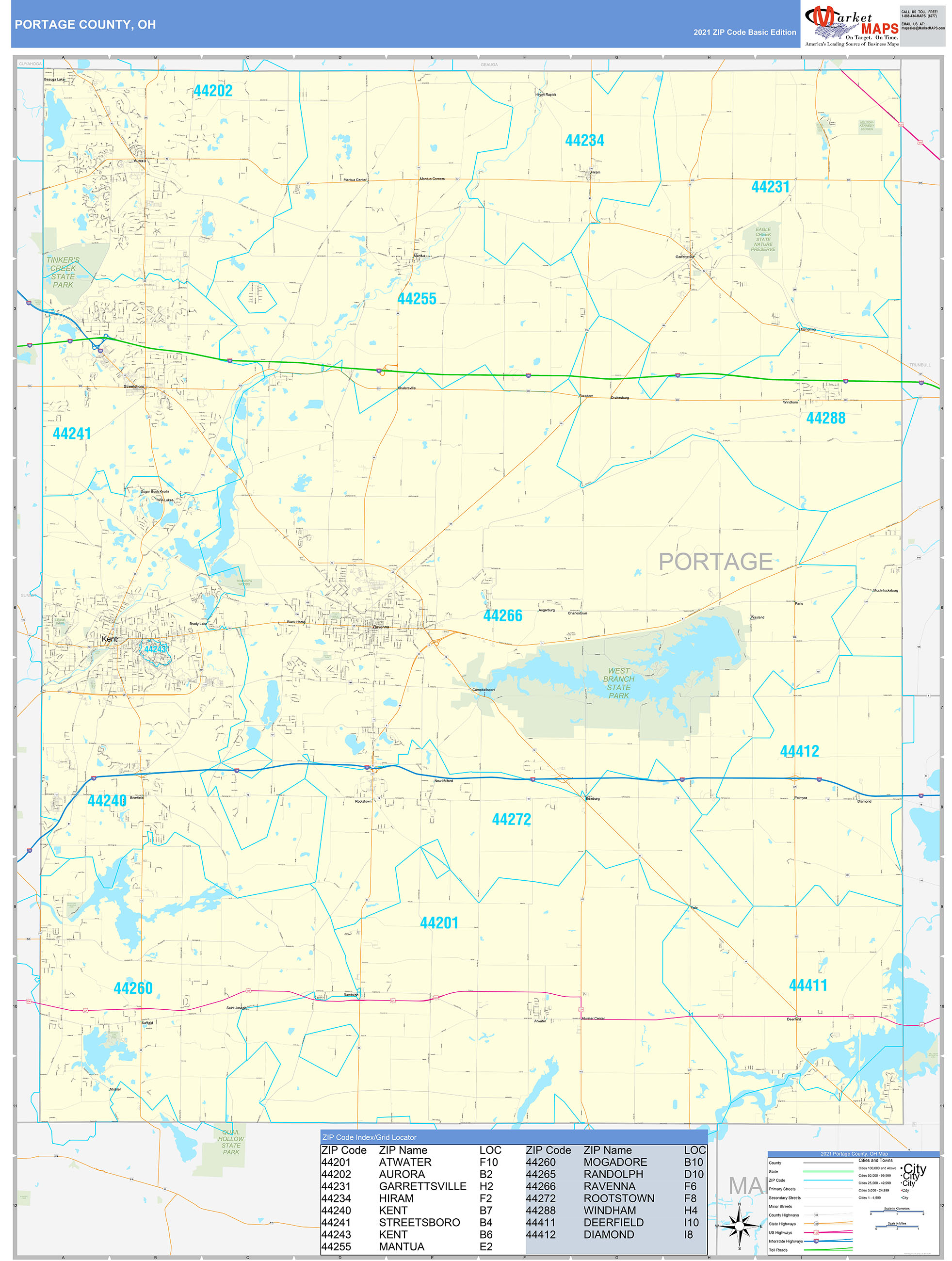 Portage County, OH Zip Code Wall Map Basic Style by MarketMAPS - MapSales