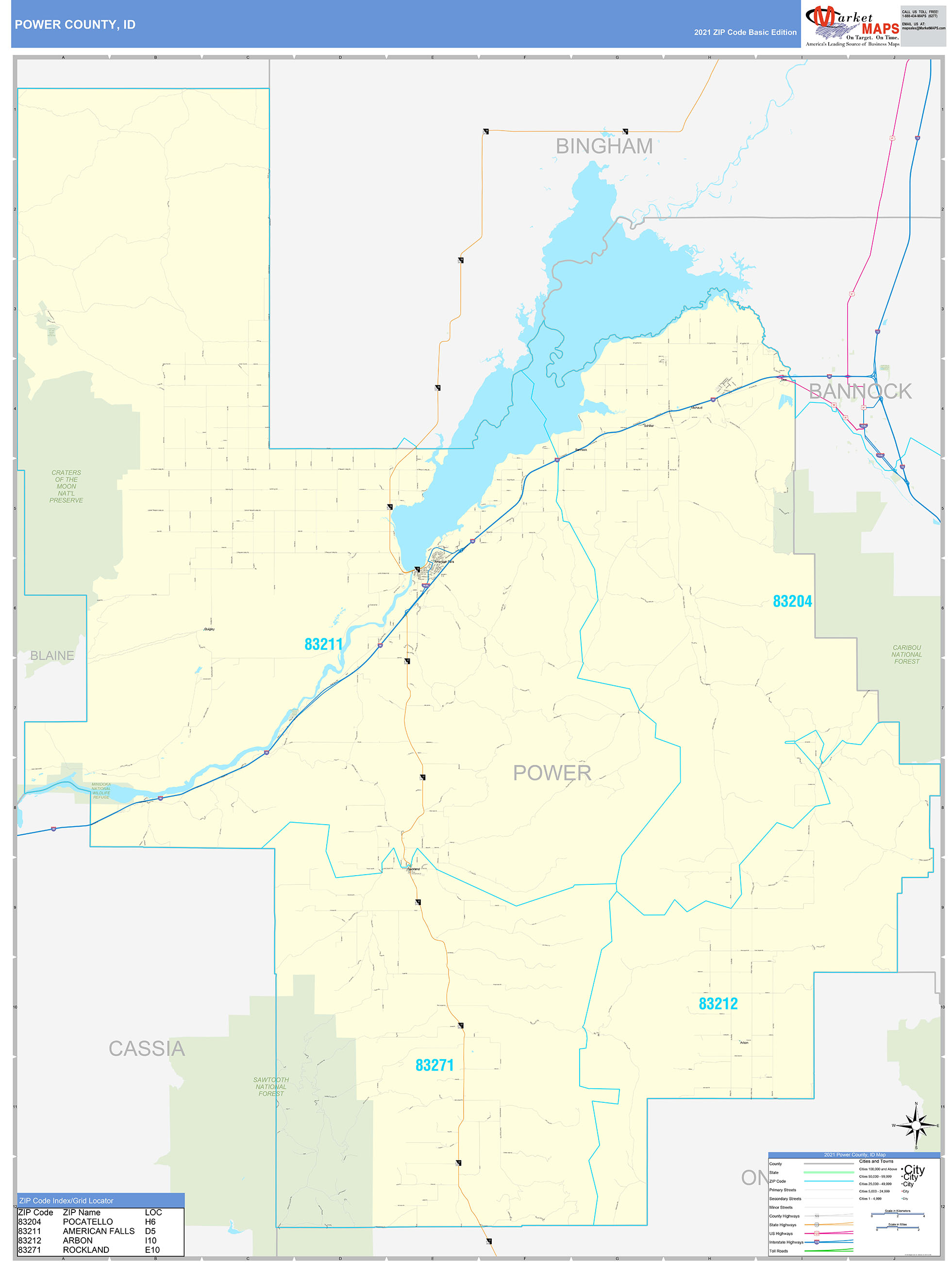 Power County, ID Zip Code Wall Map Basic Style by MarketMAPS - MapSales