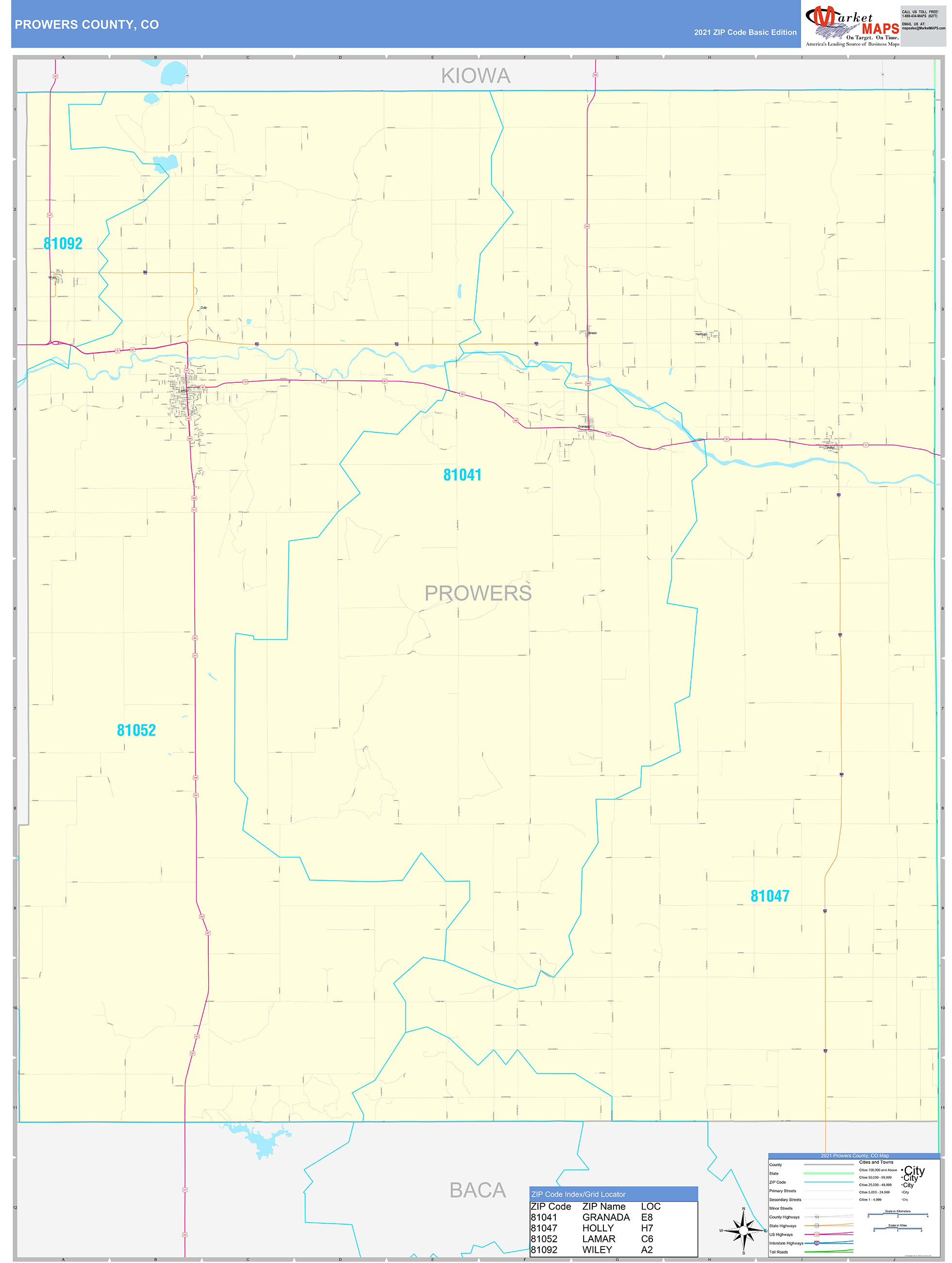 Prowers County, CO Zip Code Wall Map Basic Style by MarketMAPS - MapSales