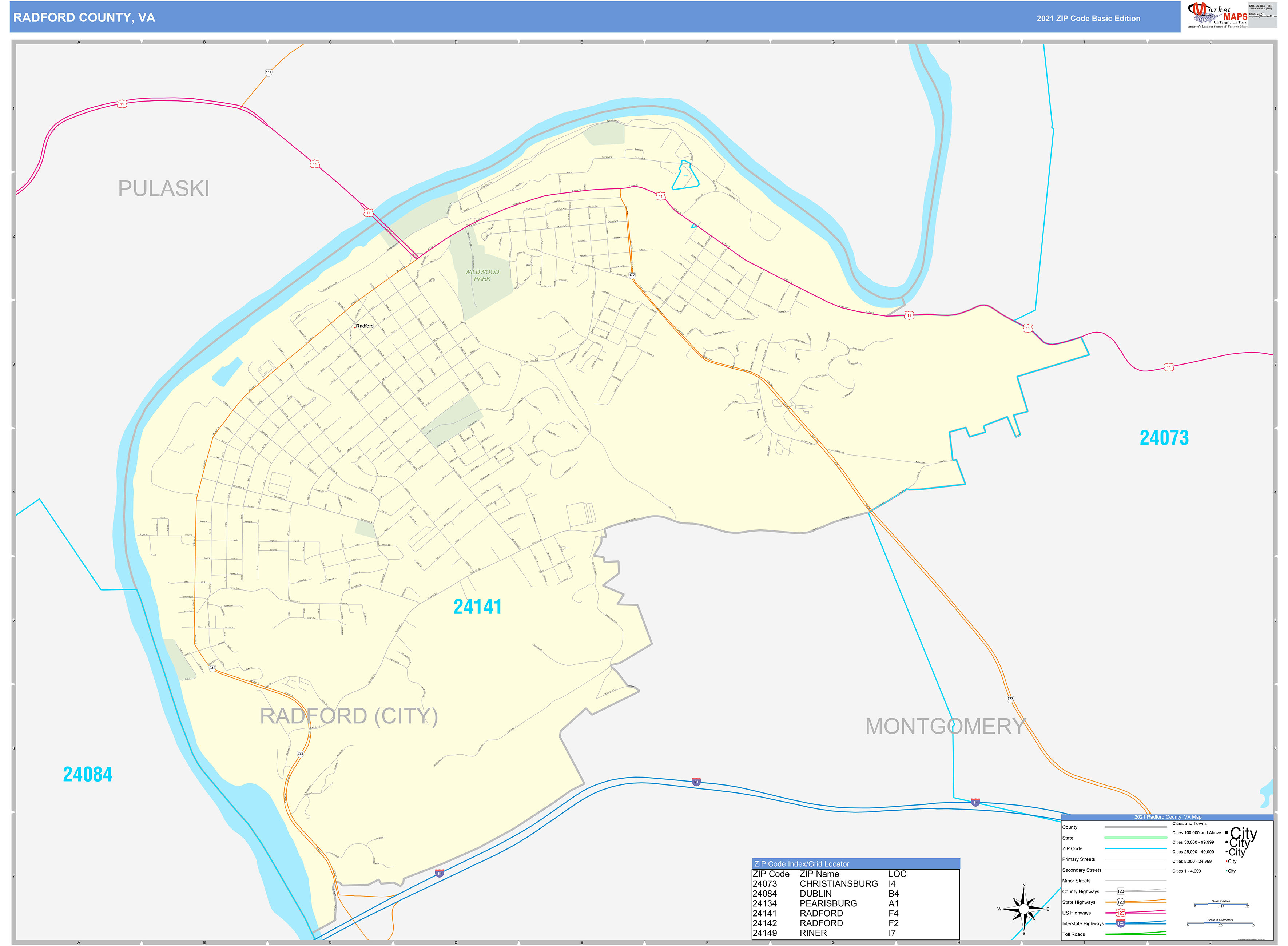 Radford County VA Zip Code Wall Map Basic Style By MarketMAPS MapSales
