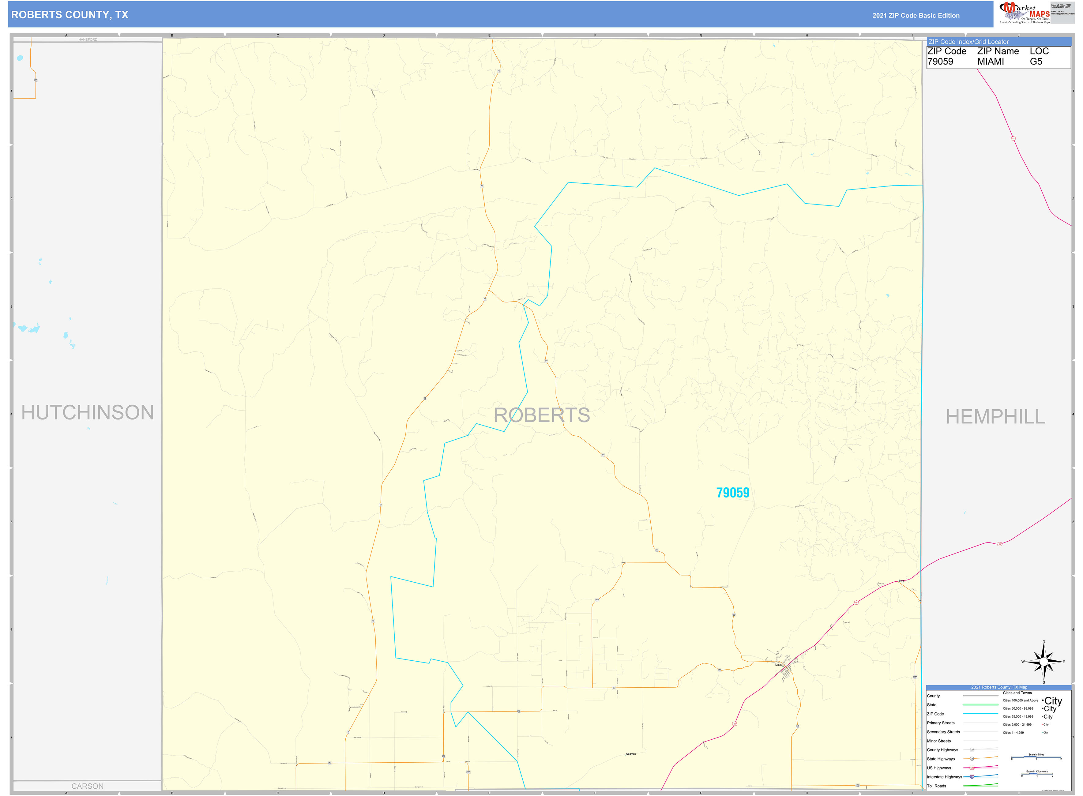 Roberts County, TX Zip Code Wall Map Basic Style by MarketMAPS - MapSales