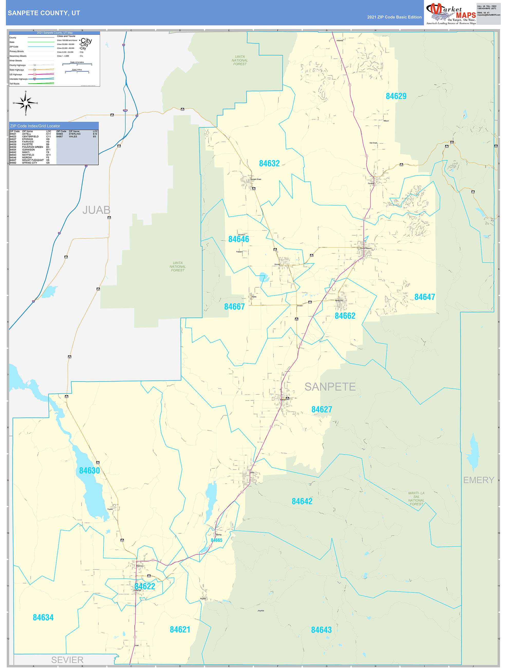 Sanpete County, UT Zip Code Wall Map Basic Style by MarketMAPS - MapSales