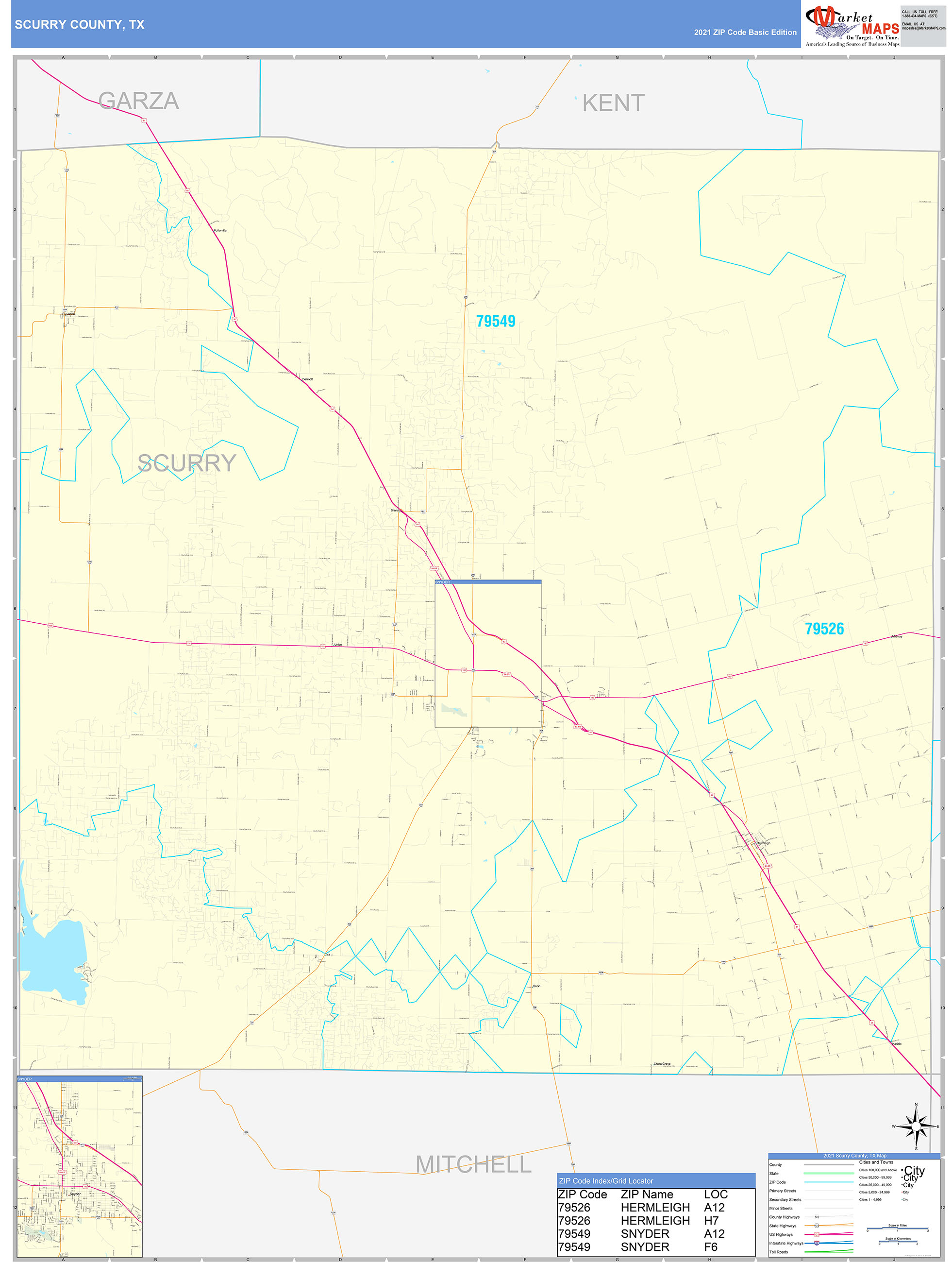scurry-county-tx-zip-code-wall-map-basic-style-by-marketmaps-mapsales
