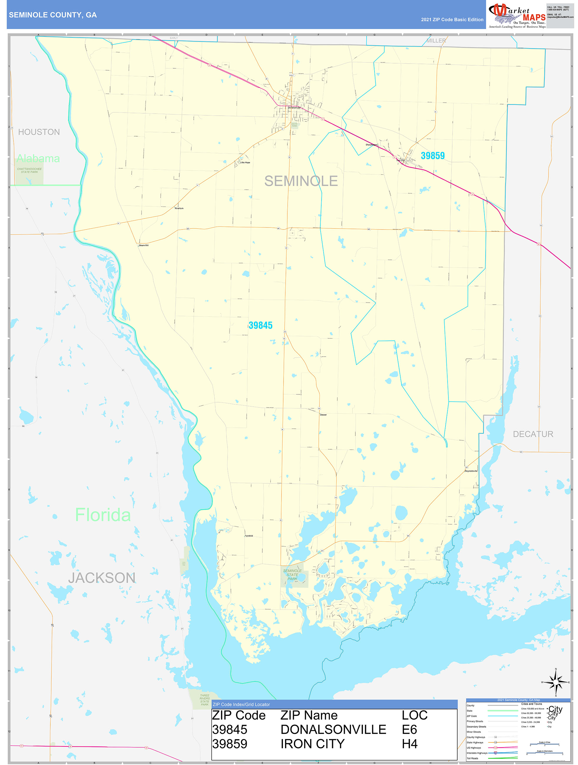 Seminole County, GA Zip Code Wall Map Basic Style by MarketMAPS - MapSales