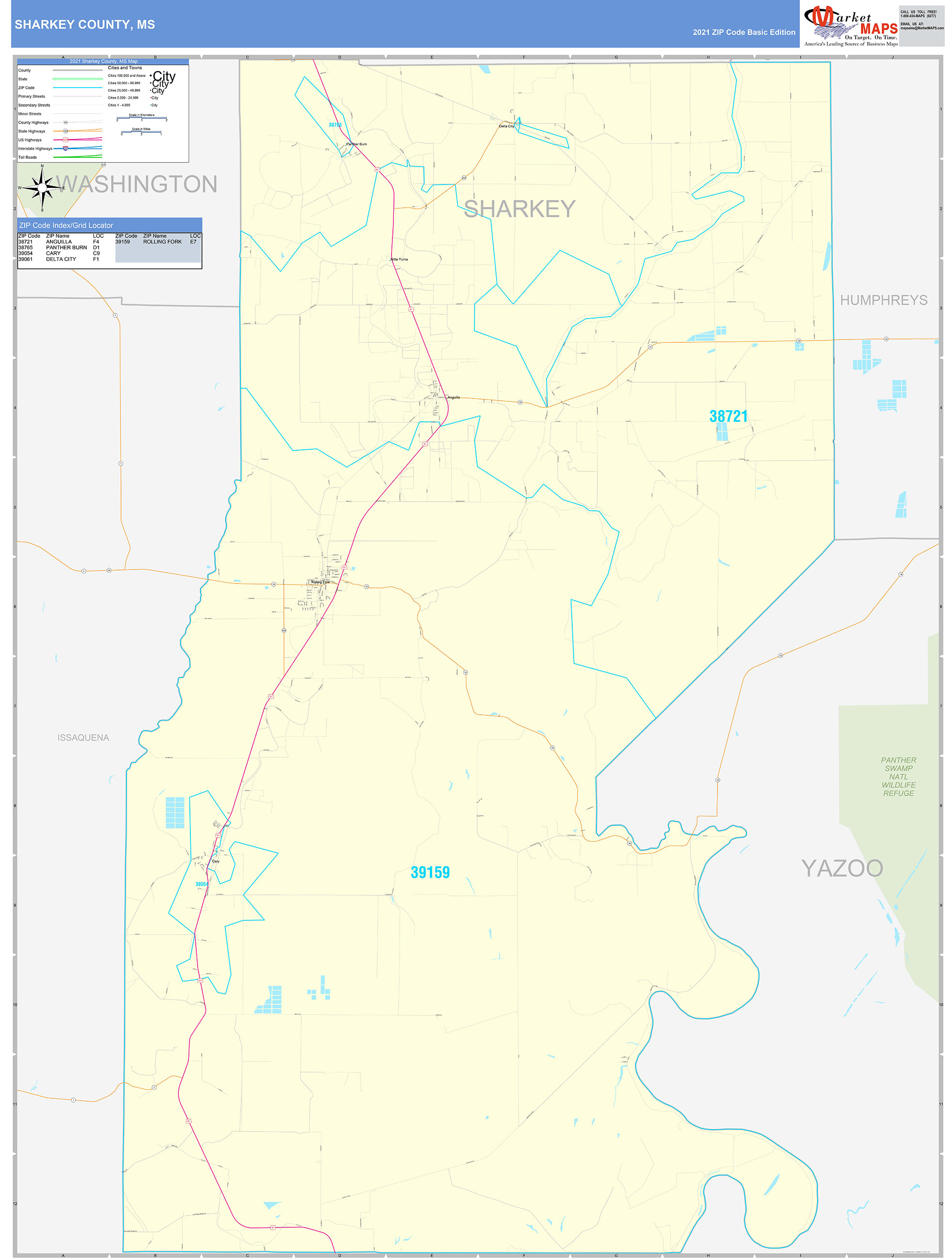 Sharkey County, MS Zip Code Wall Map Basic Style by MarketMAPS - MapSales