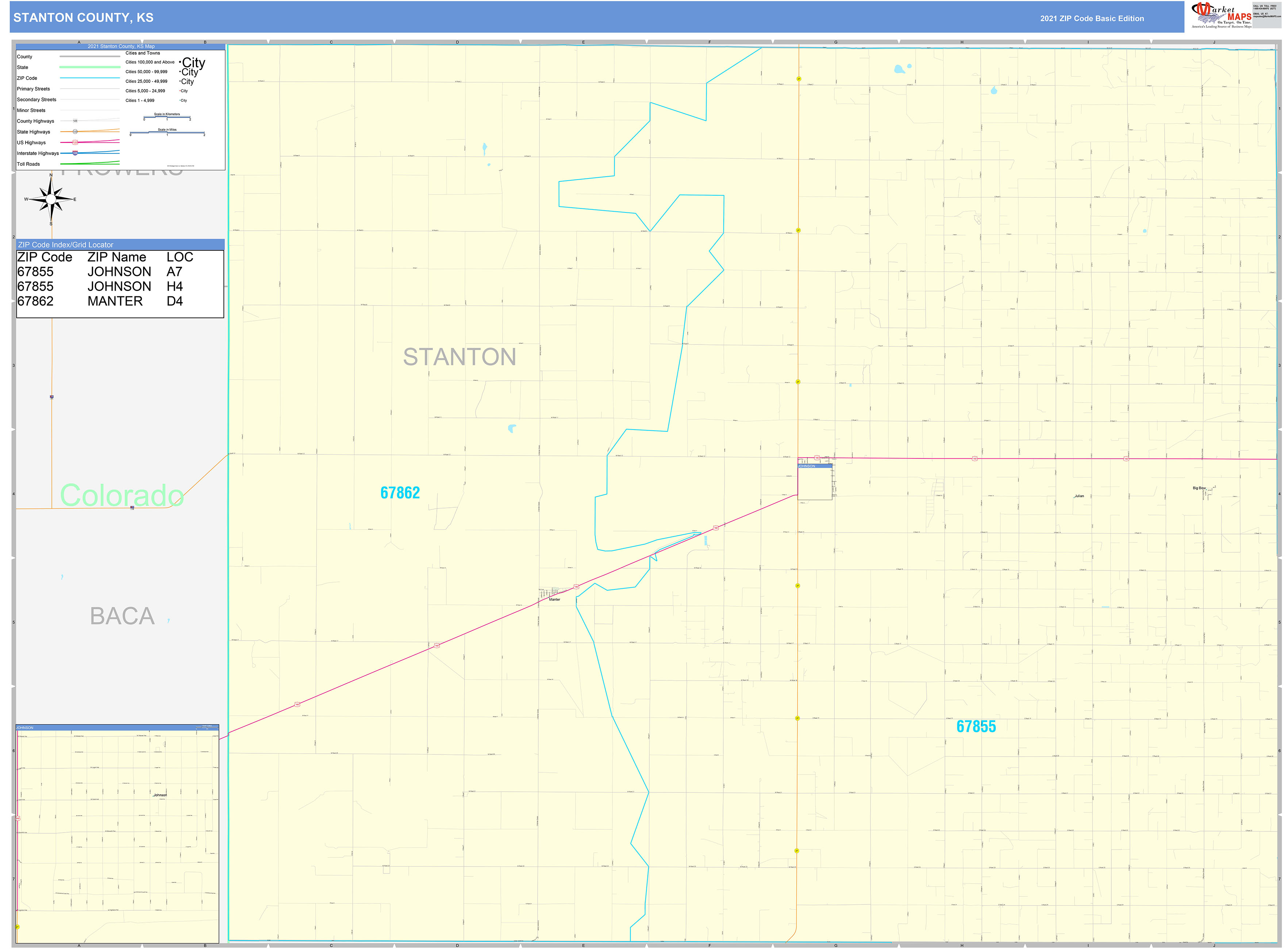 Stanton County, KS Zip Code Wall Map Basic Style by MarketMAPS - MapSales