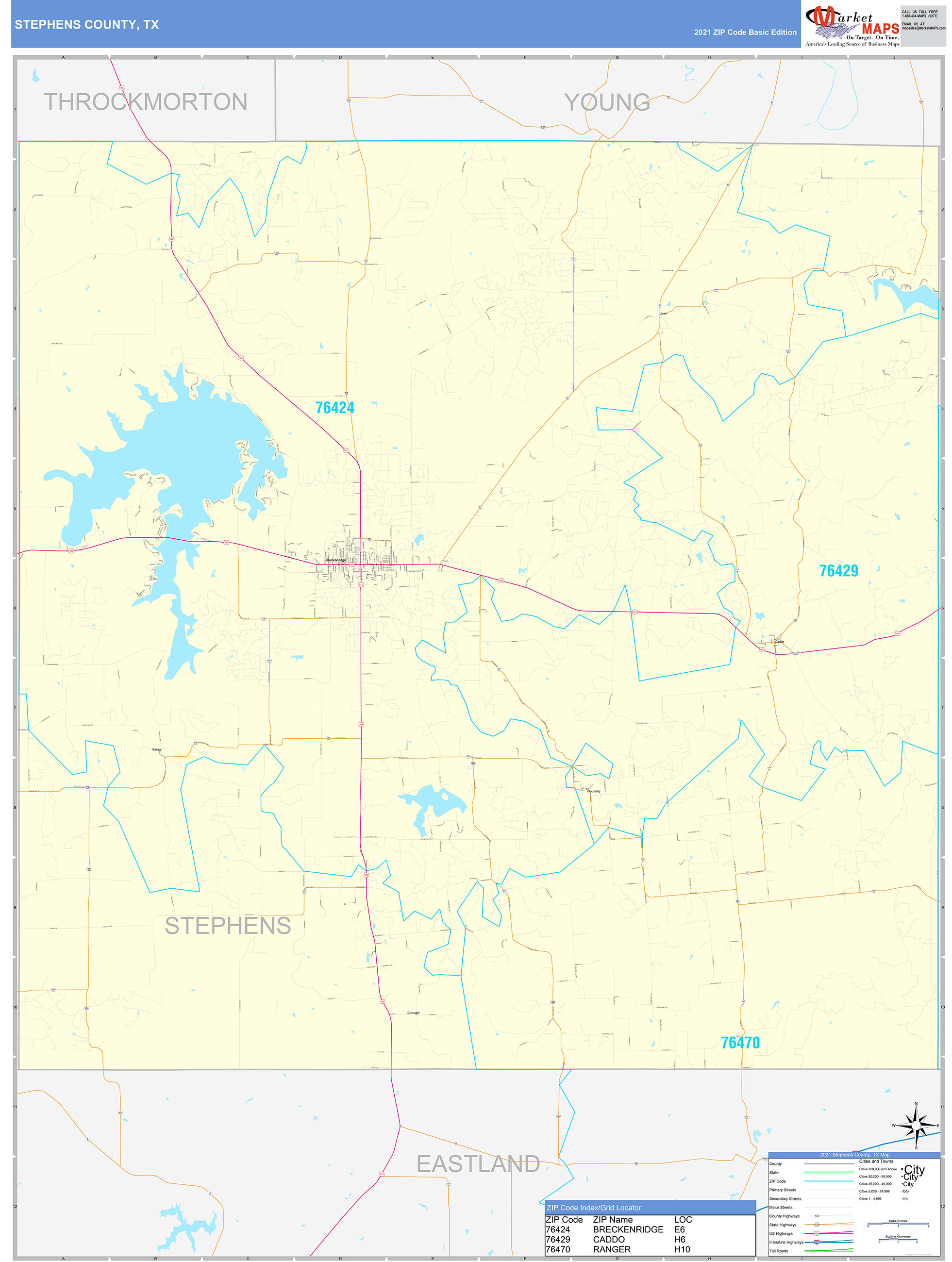 Stephens County, TX Zip Code Wall Map Basic Style by MarketMAPS - MapSales