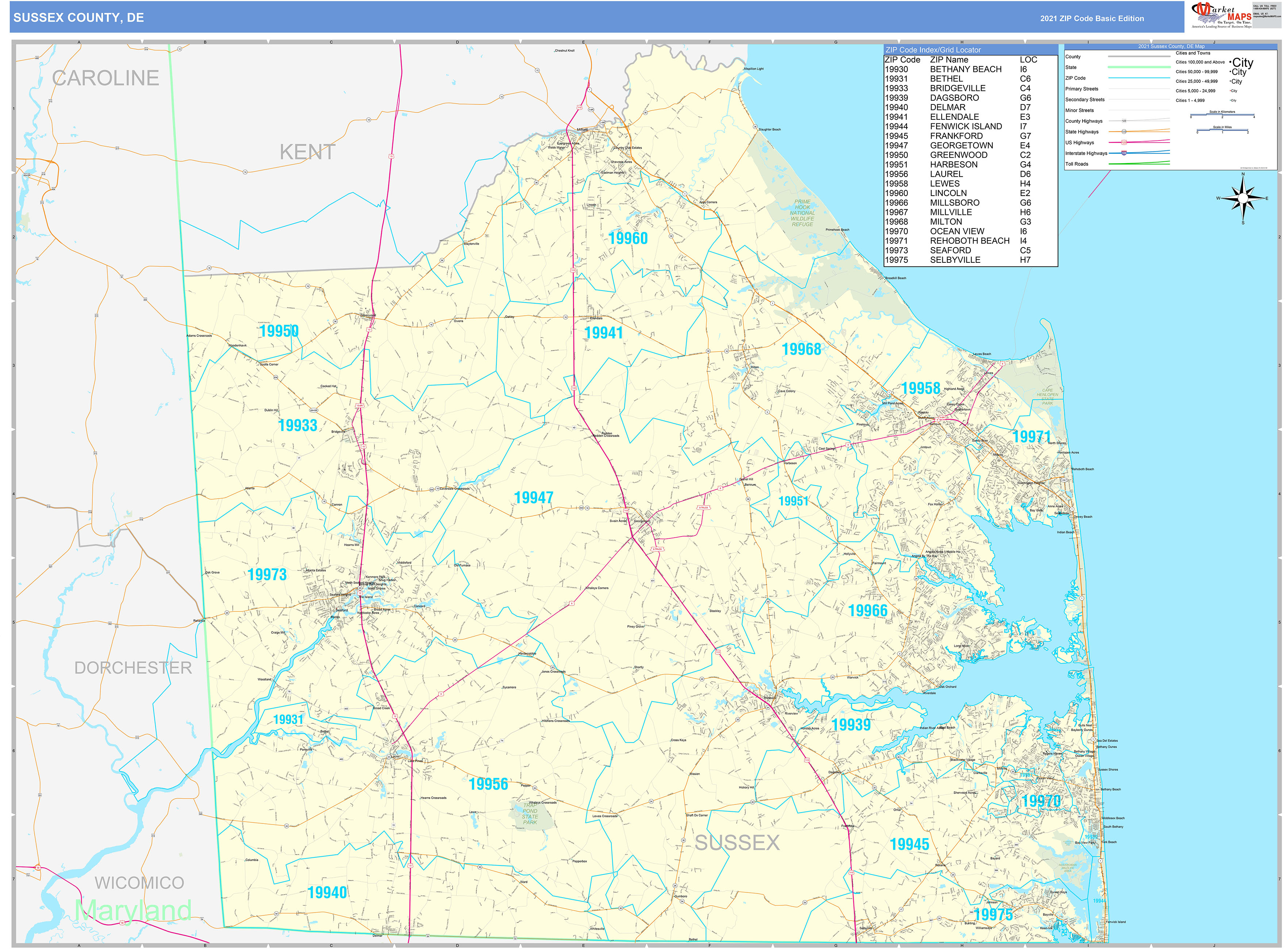 Sussex County De Zip Code Wall Map Basic Style By Marketmaps