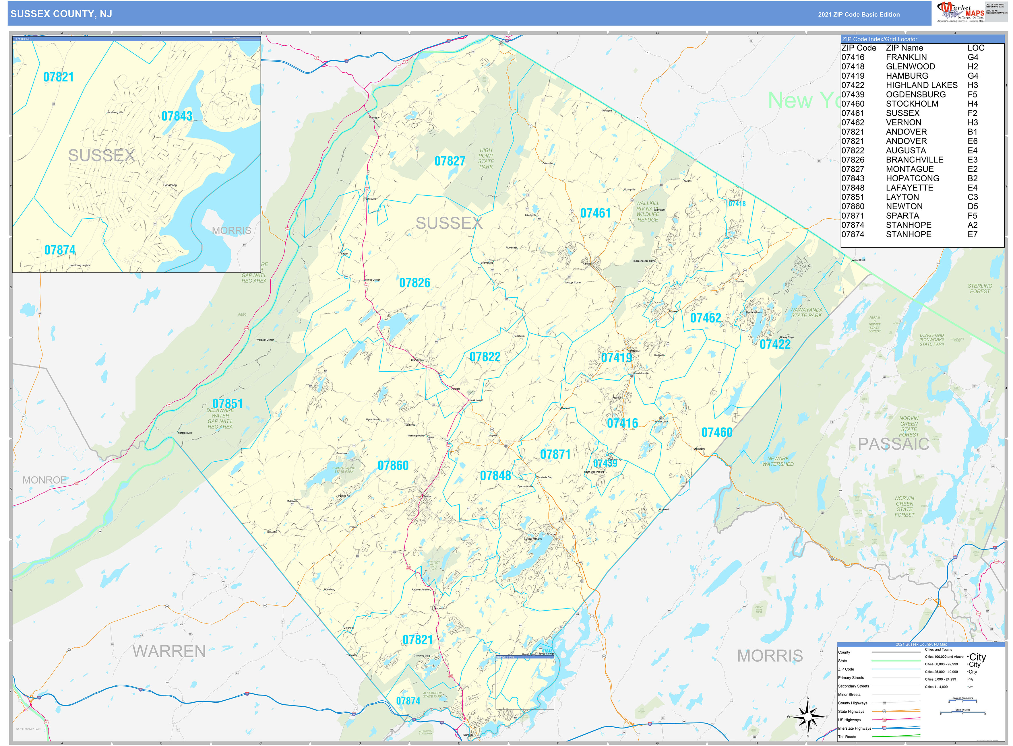Sussex County Nj Zip Code Wall Map Basic Style By Marketmaps