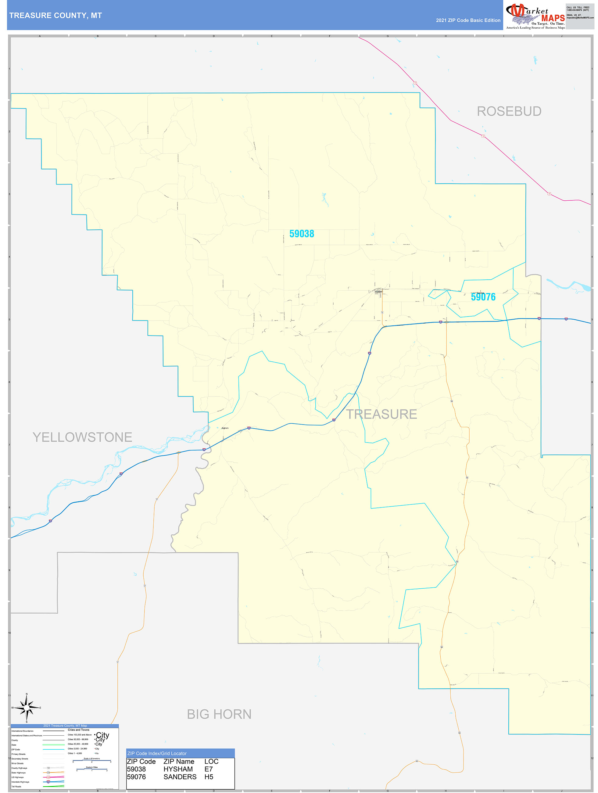 Treasure County, MT Zip Code Wall Map Basic Style by MarketMAPS - MapSales