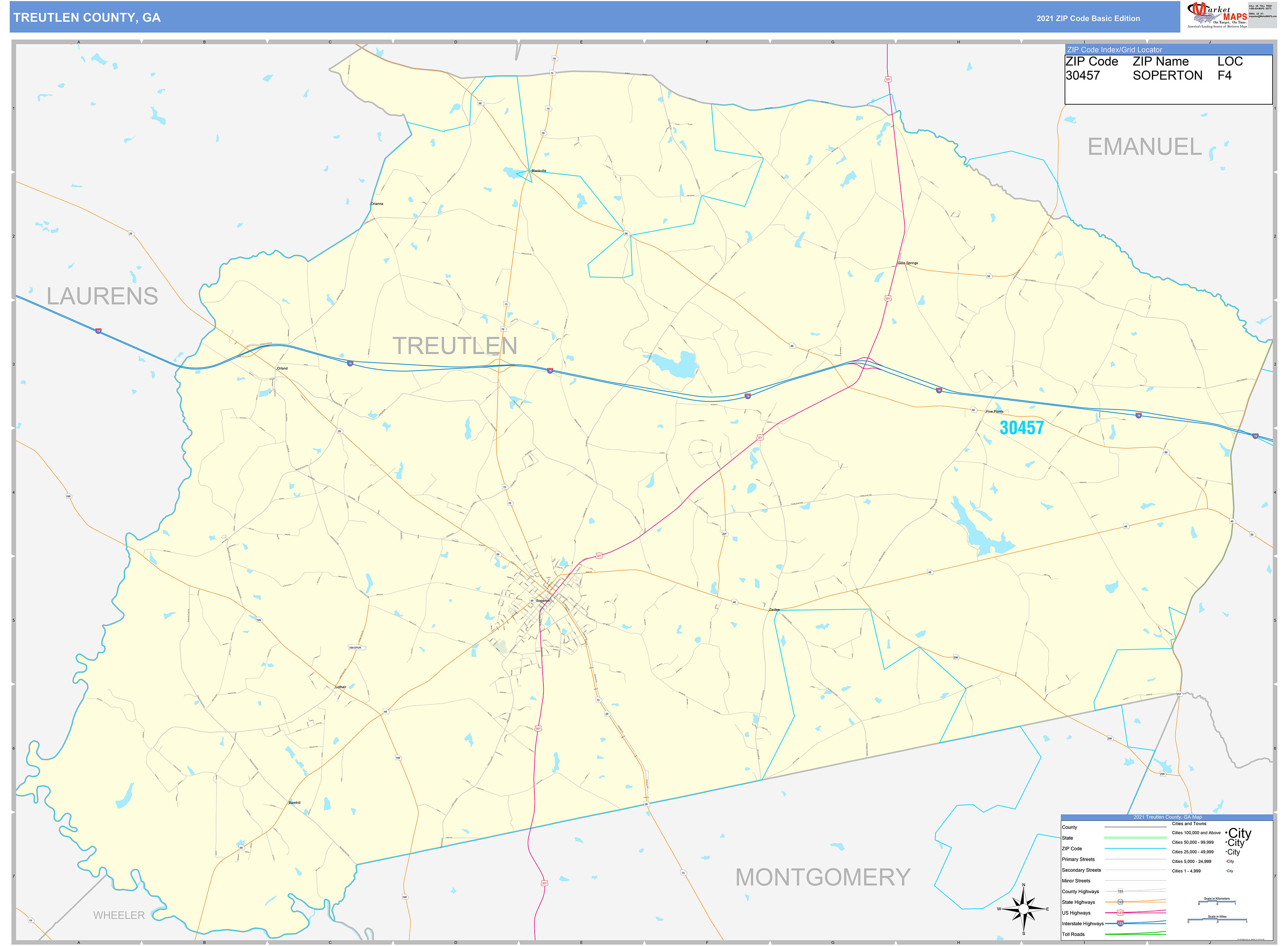 Treutlen County, GA Zip Code Wall Map Basic Style by MarketMAPS - MapSales