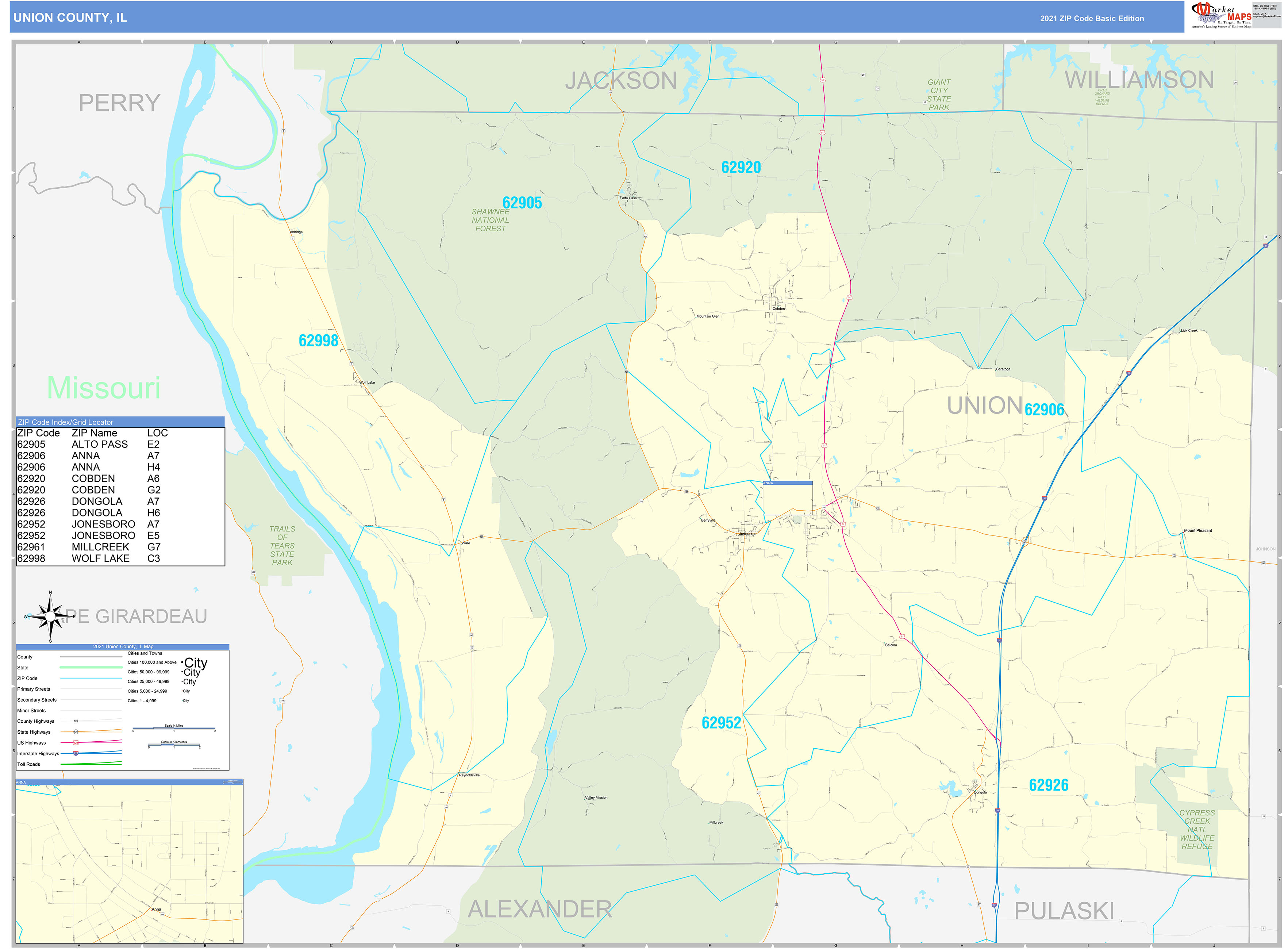 Union County, IL Zip Code Wall Map Basic Style by MarketMAPS - MapSales