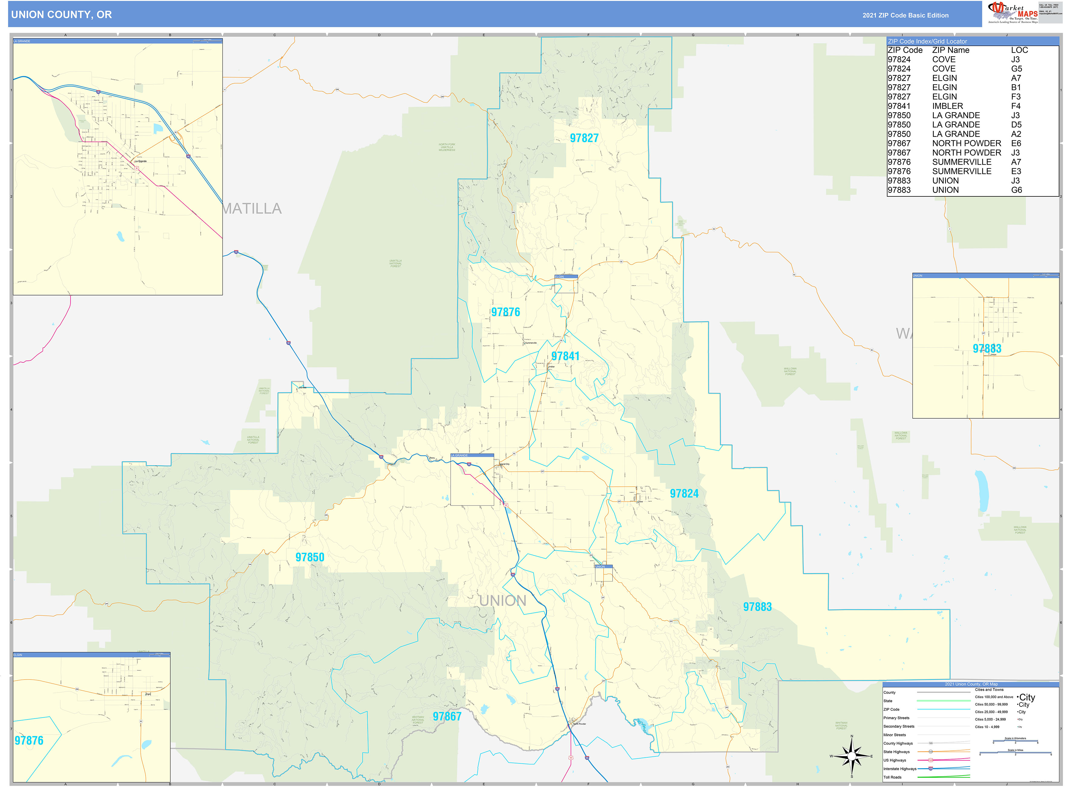 Union County, OR Zip Code Wall Map Basic Style by MarketMAPS - MapSales