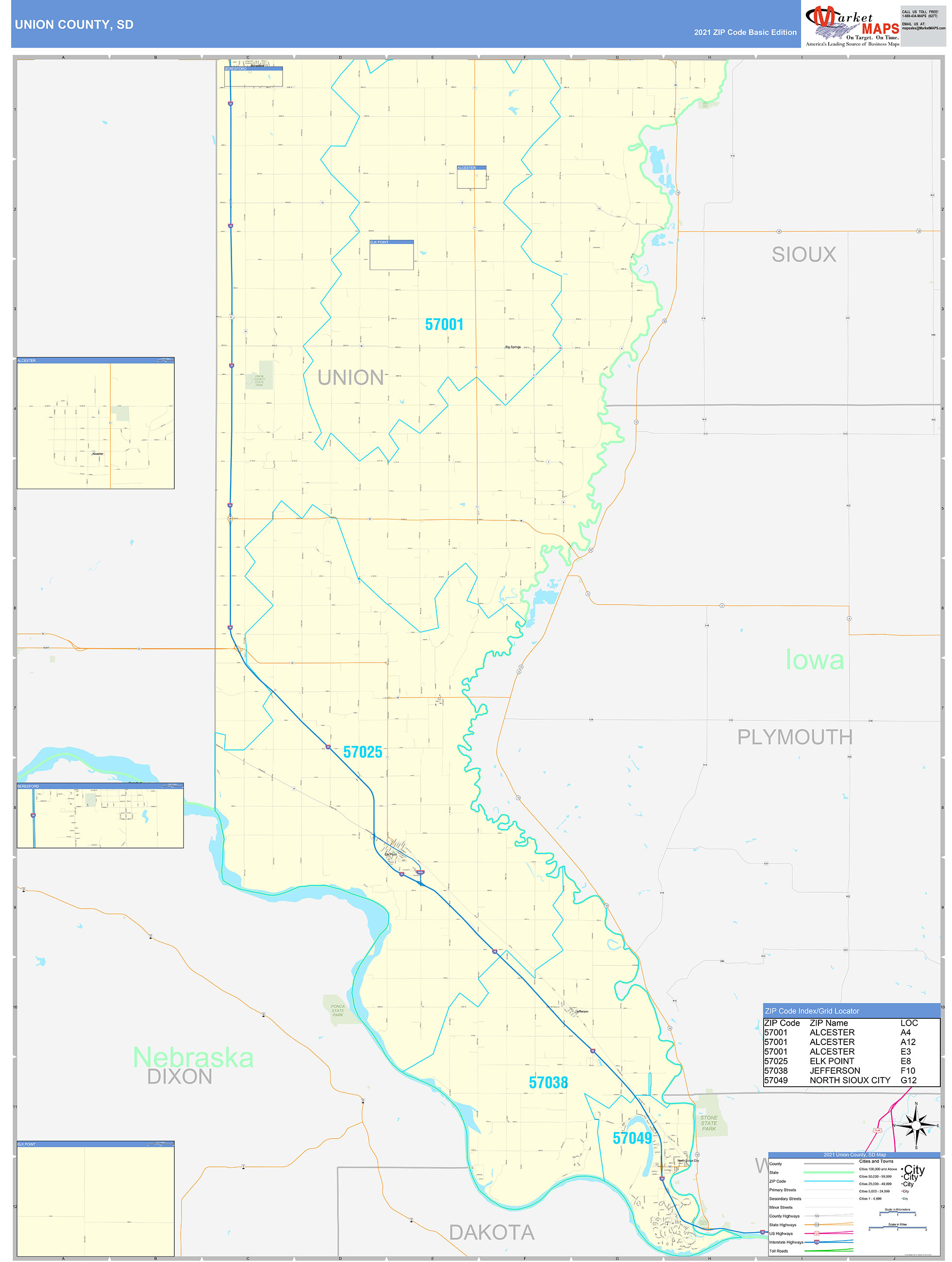 Union County, SD Zip Code Wall Map Basic Style by MarketMAPS - MapSales.com