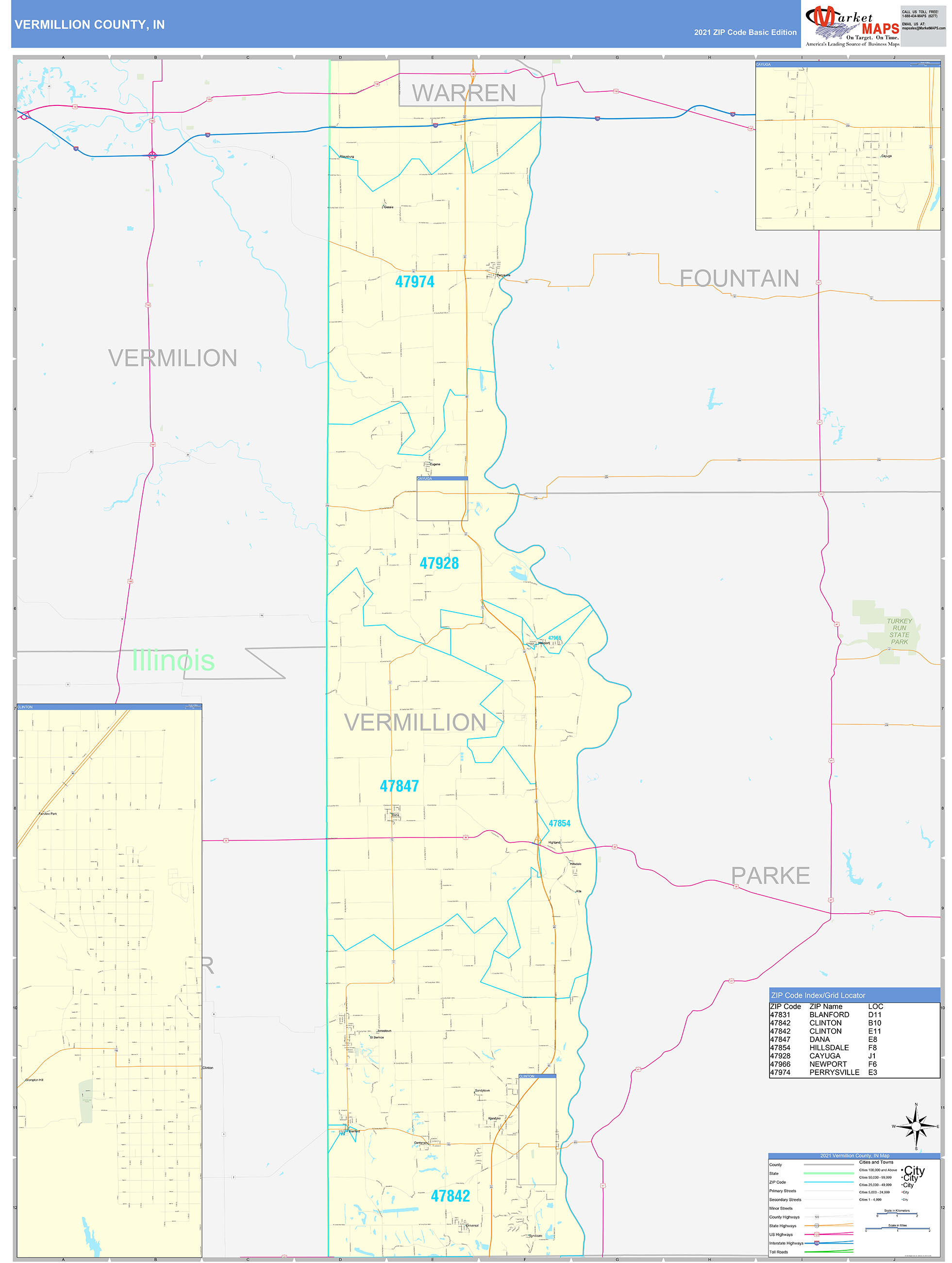 Vermillion County, IN Zip Code Wall Map Basic Style by MarketMAPS - MapSales