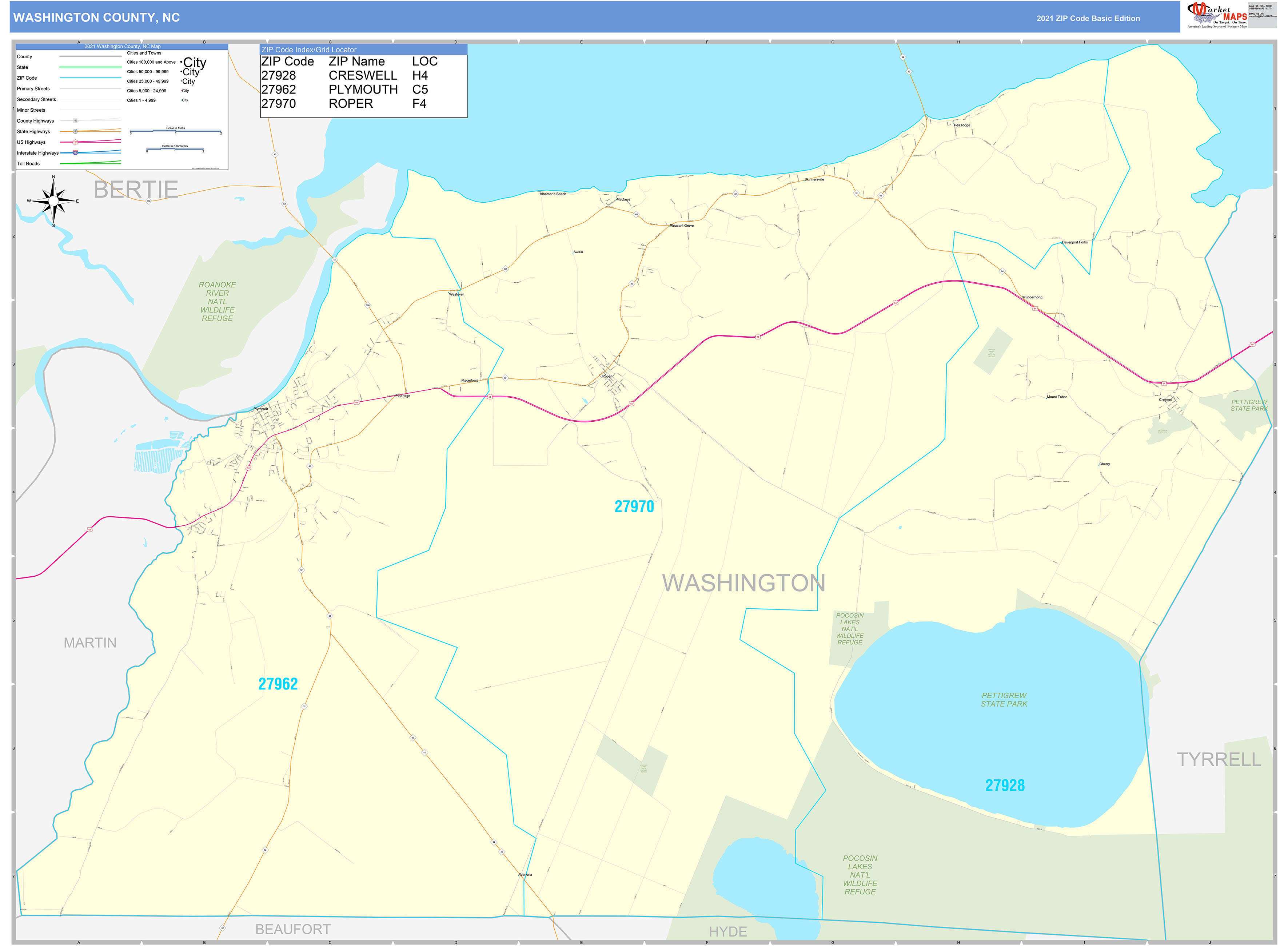 Washington County, NC Zip Code Wall Map Basic Style by MarketMAPS ...