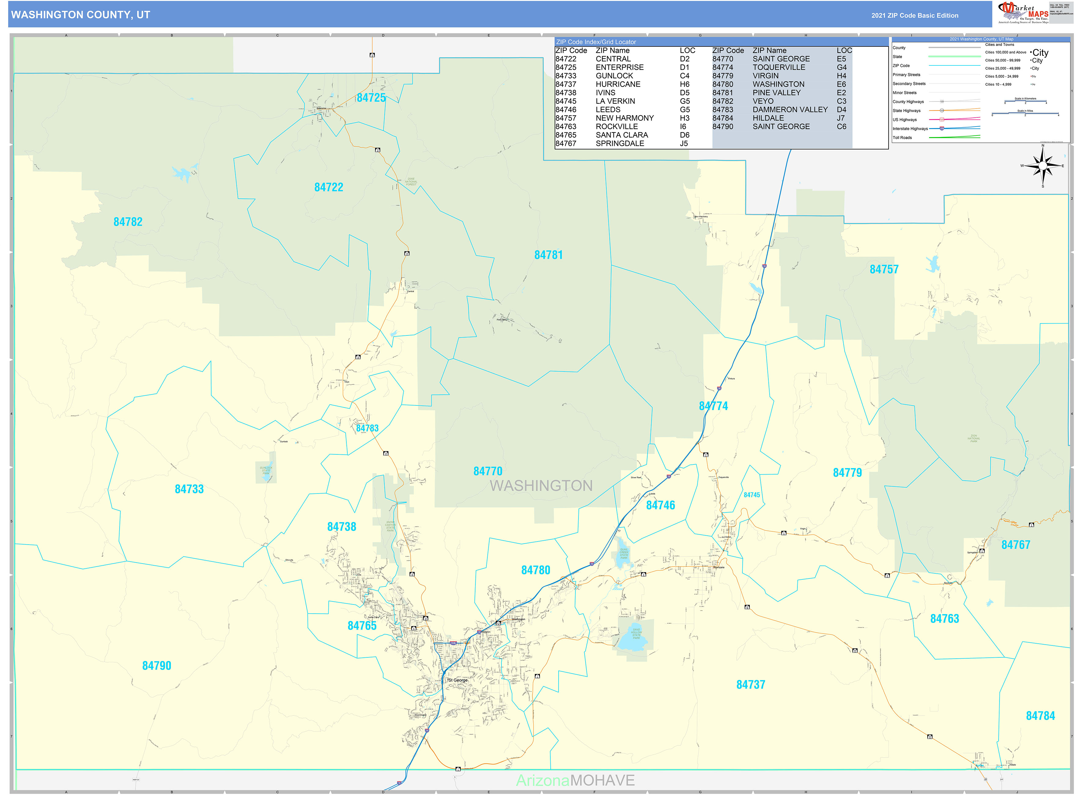 Washington County, UT Zip Code Wall Map Basic Style by MarketMAPS ...