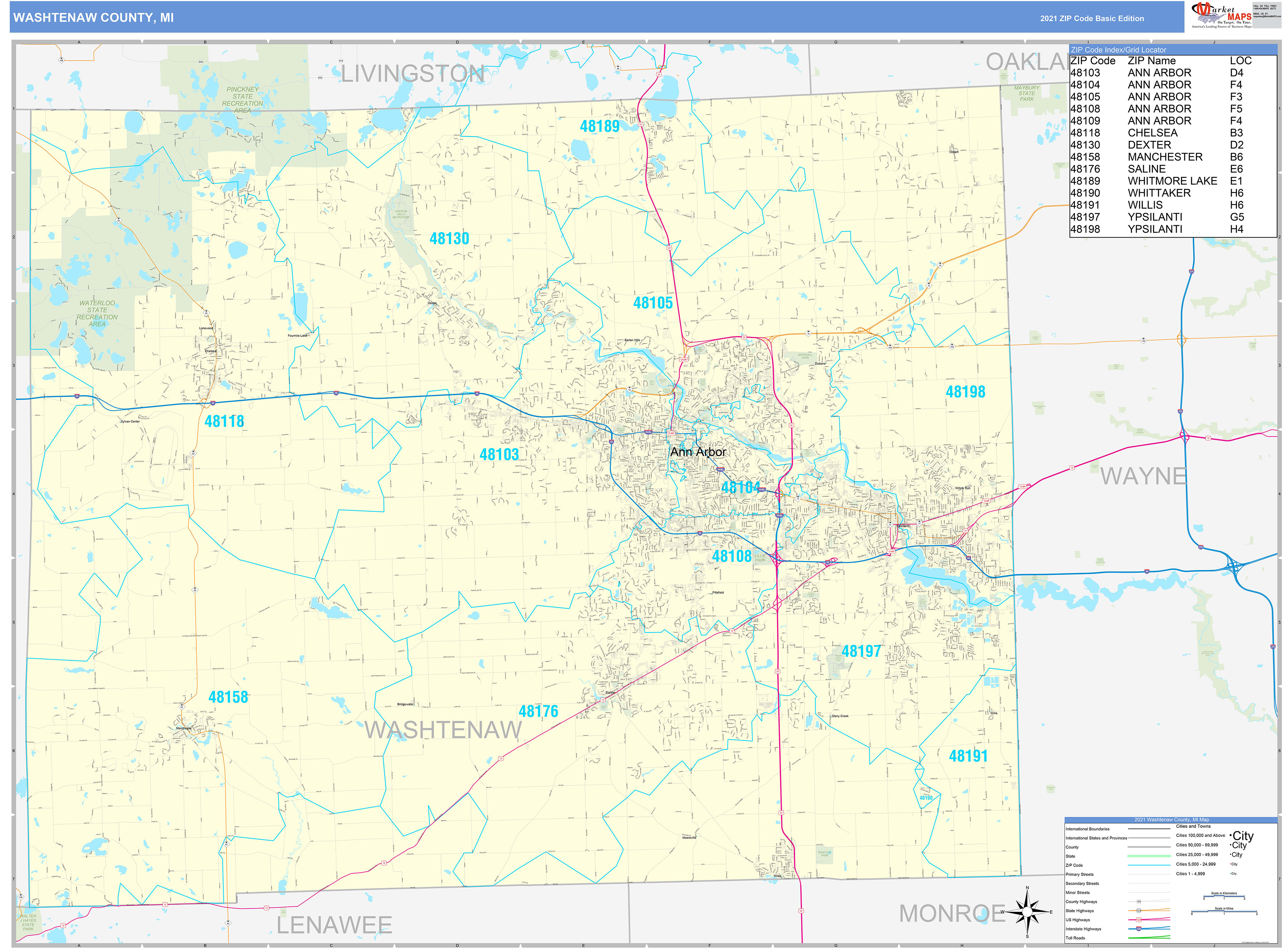 Washtenaw County, MI Zip Code Wall Map Basic Style by MarketMAPS - MapSales