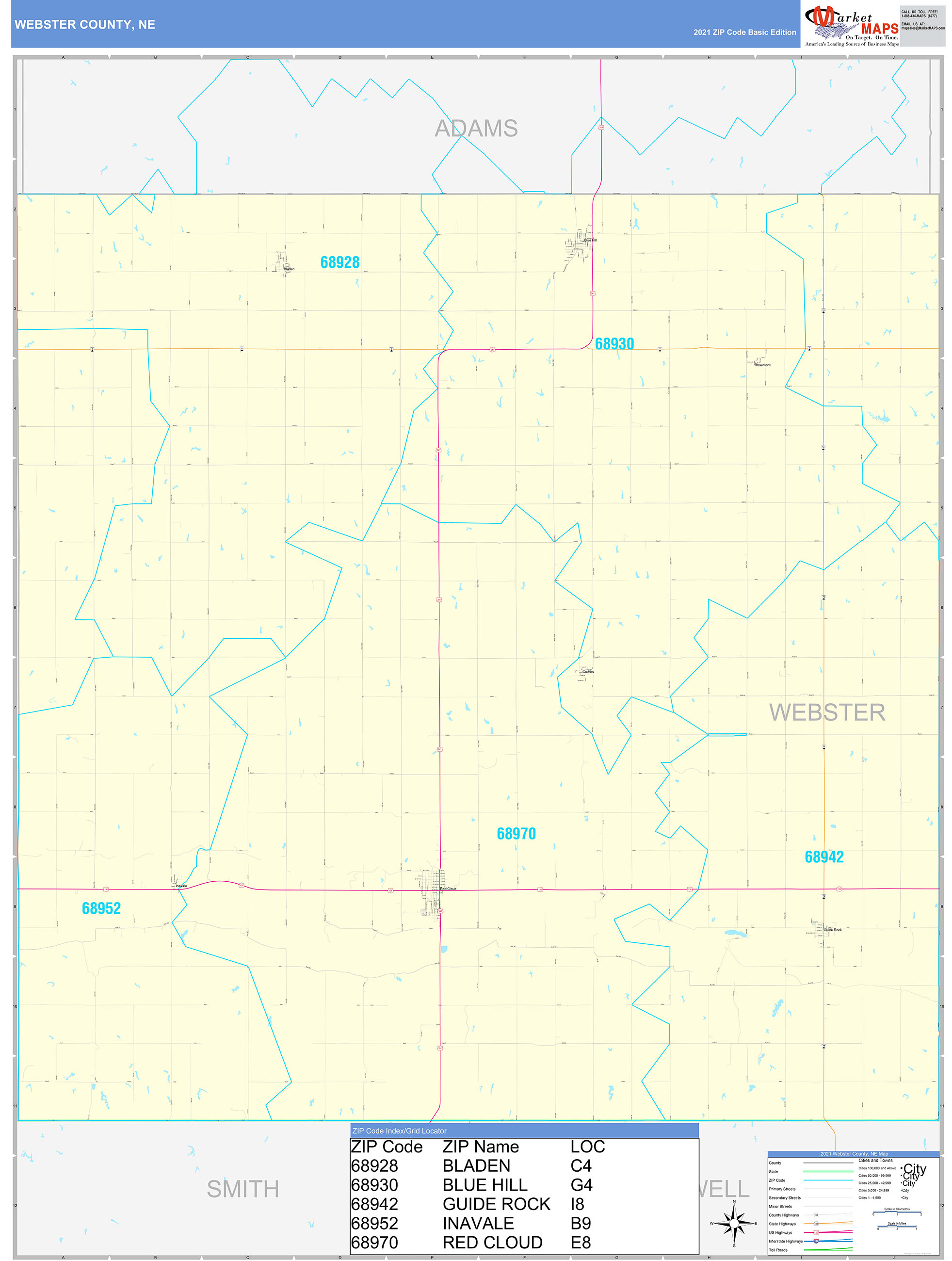 Webster County, NE Zip Code Wall Map Basic Style by MarketMAPS - MapSales
