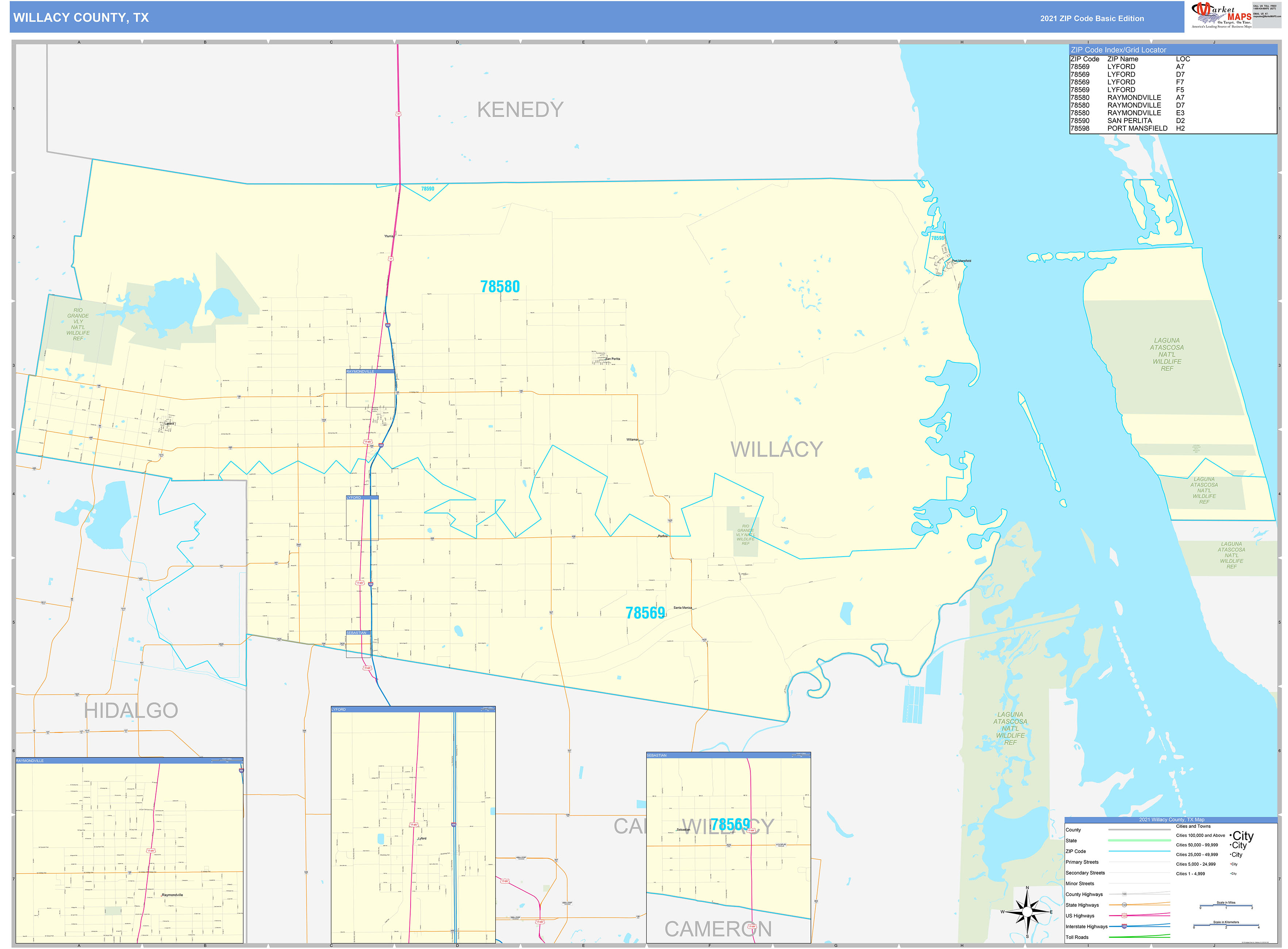 Willacy County, TX Zip Code Wall Map Basic Style by MarketMAPS