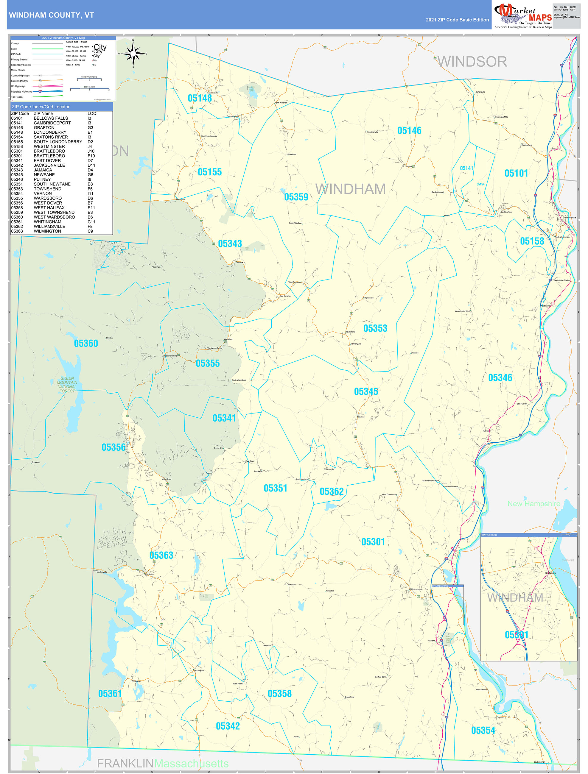 Windham County, VT Zip Code Wall Map Basic Style by MarketMAPS