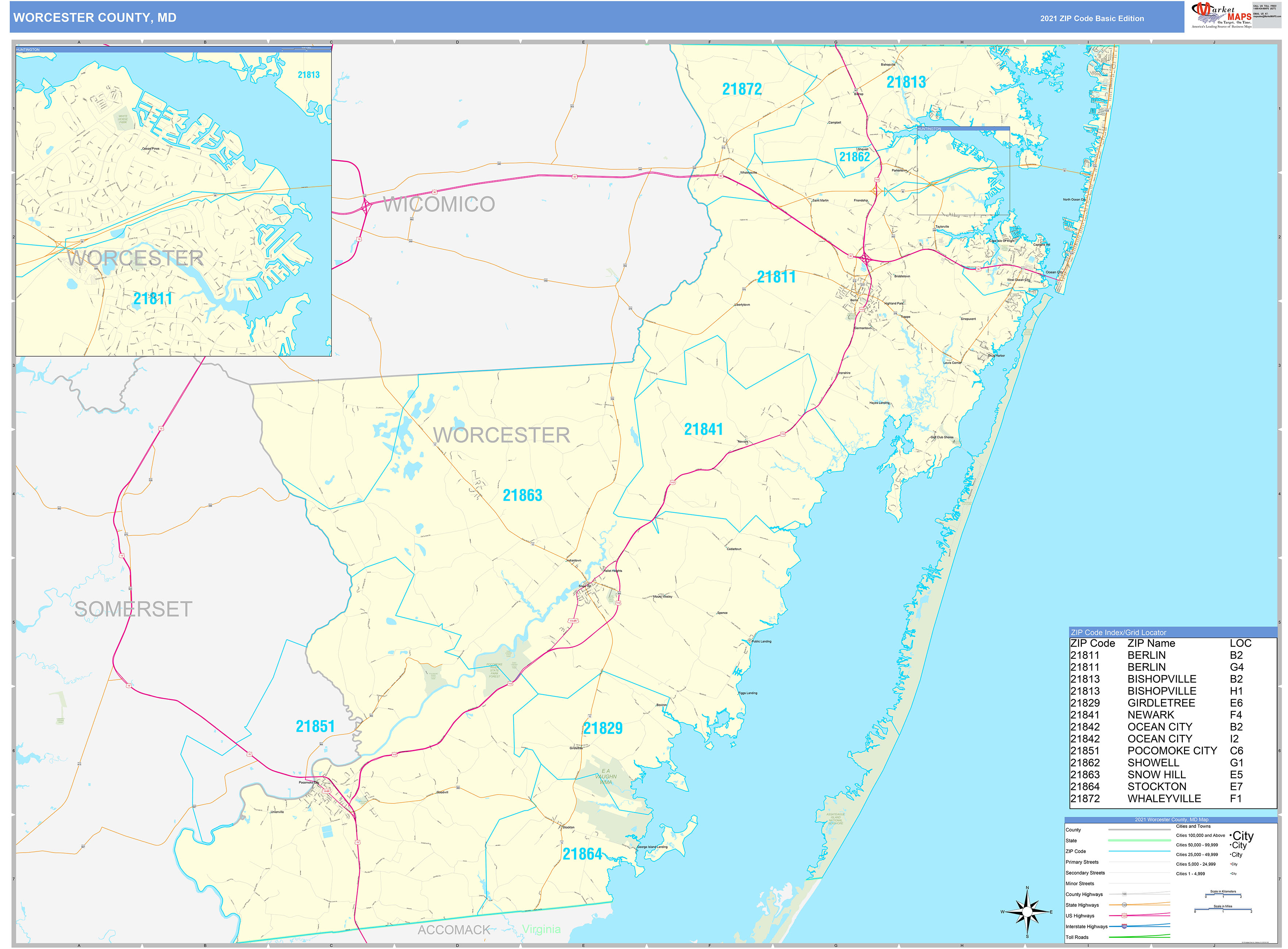 Worcester County MD Zip Code Wall Map Basic Style By MarketMAPS MapSales Worcester County MD Zip Code Wall Map Basic Style By MarketMAPS MapSales