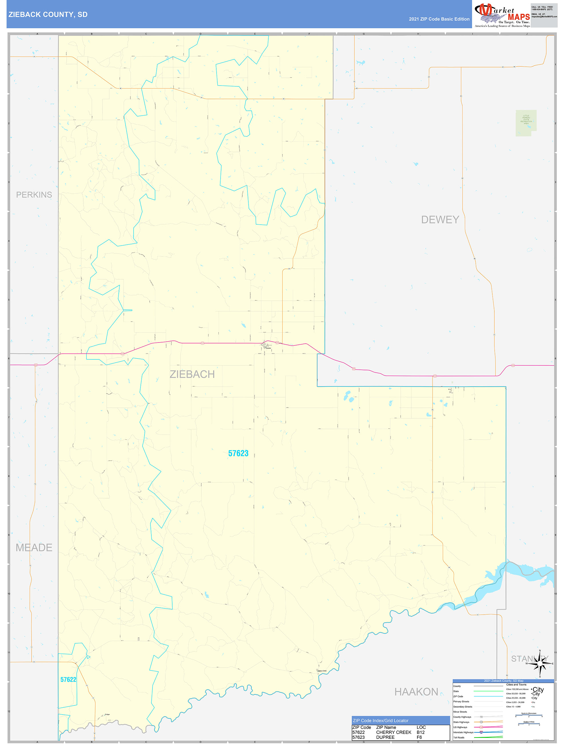 Ziebach County, SD Zip Code Wall Map Basic Style by MarketMAPS - MapSales
