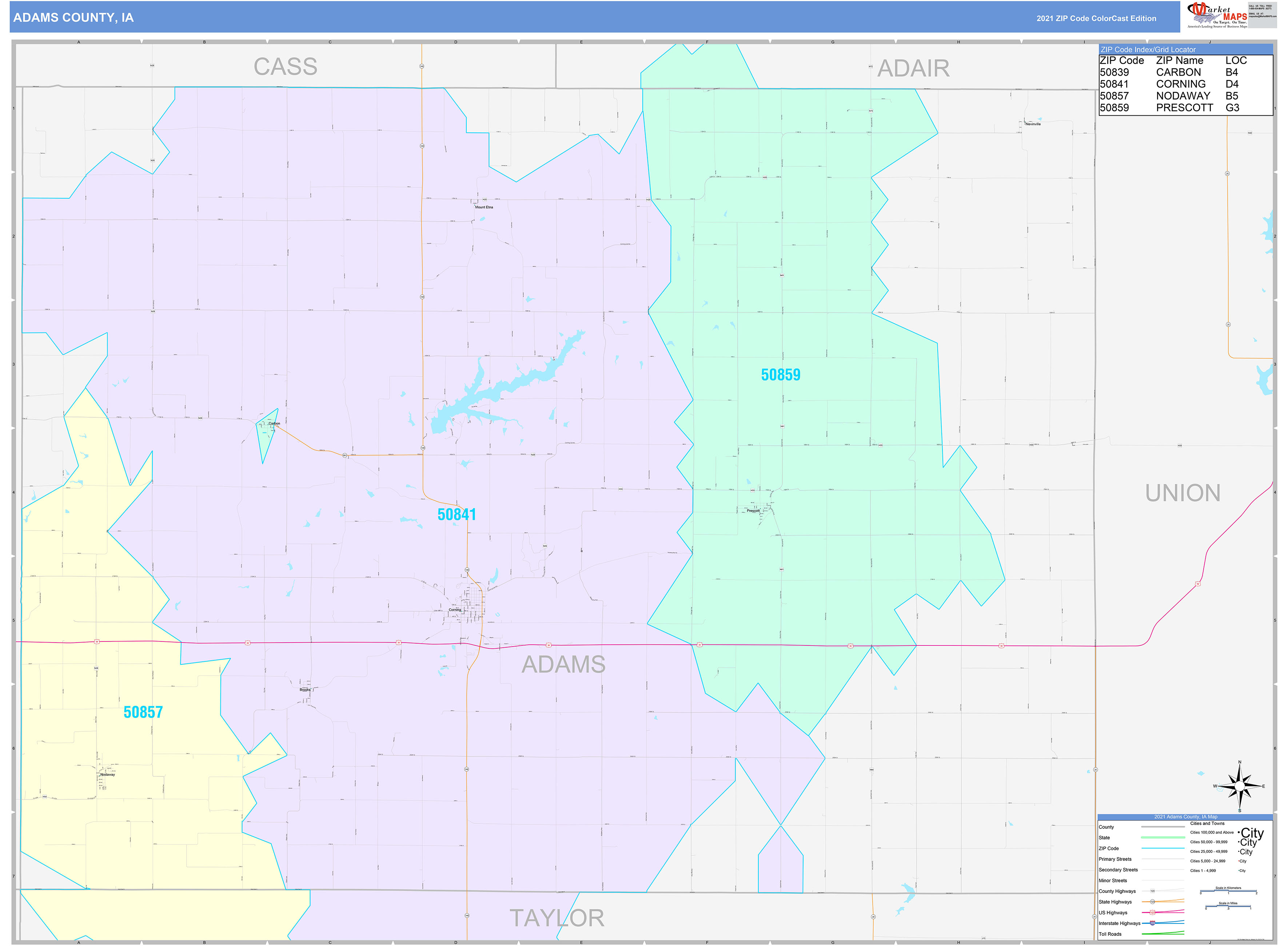 Adams County, IA Wall Map Color Cast Style by MarketMAPS - MapSales.com