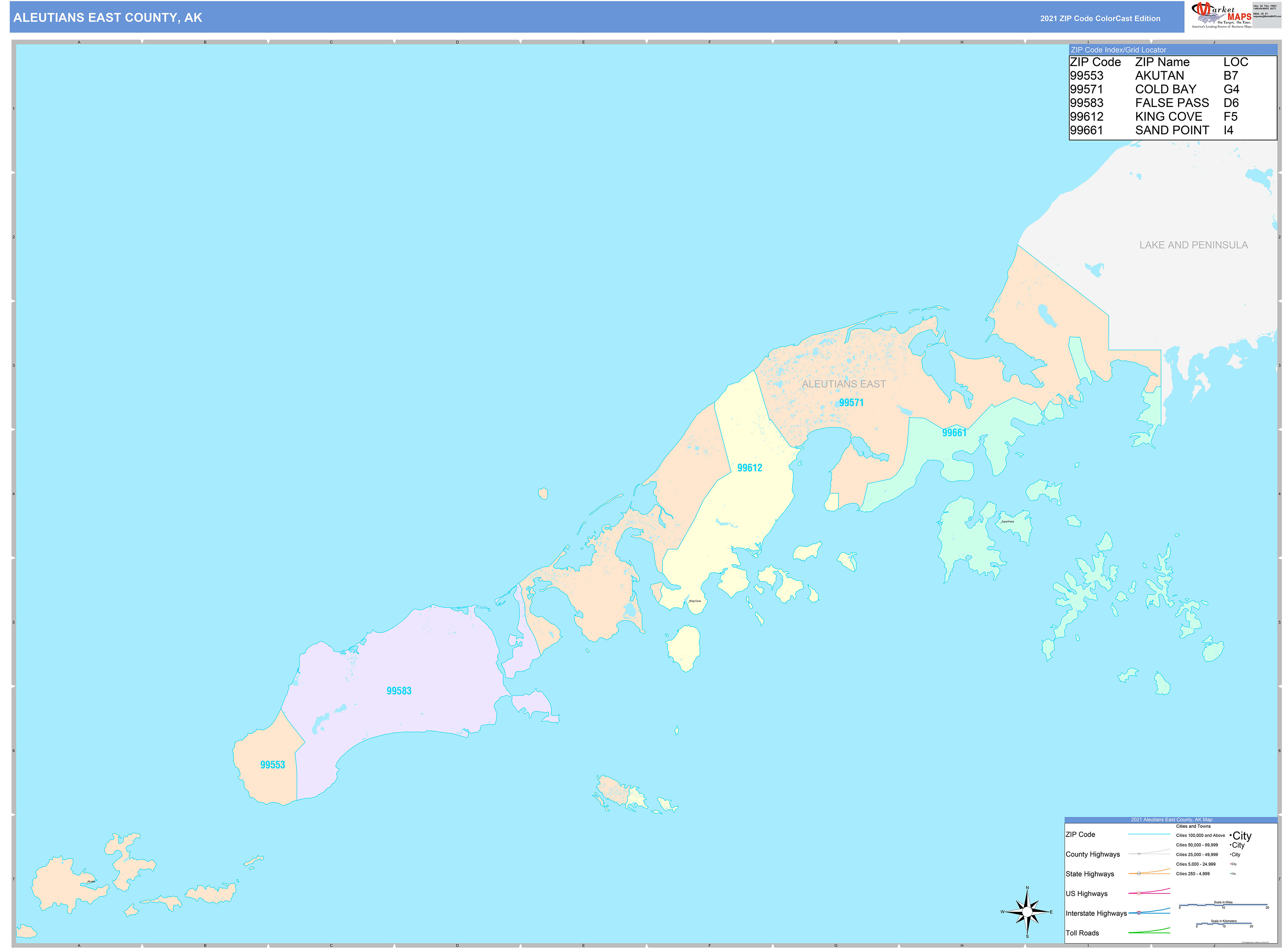 Aleutians East County, AK Wall Map Color Cast Style by MarketMAPS