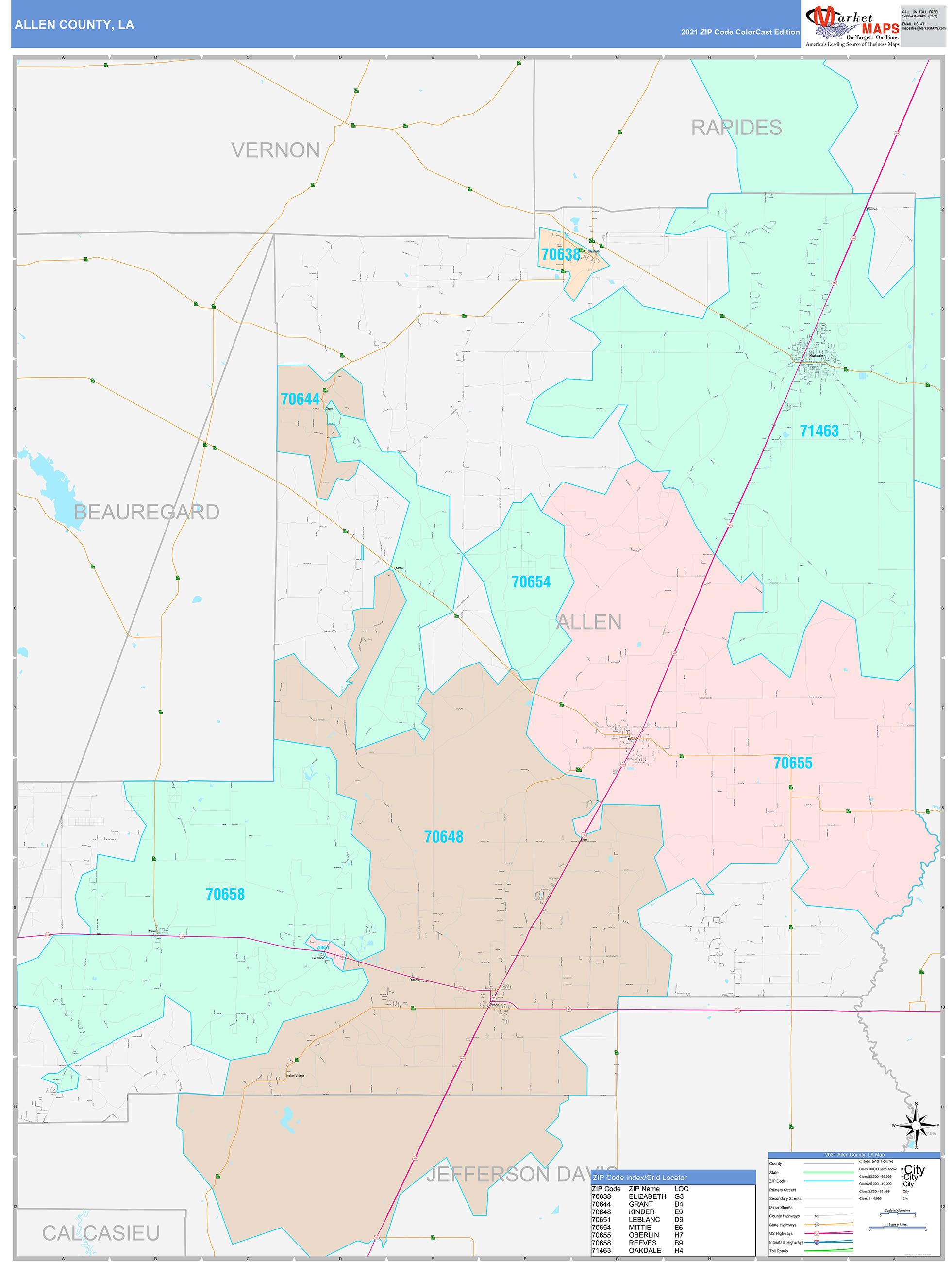 Allen County, LA Wall Map Color Cast Style by MarketMAPS - MapSales.com