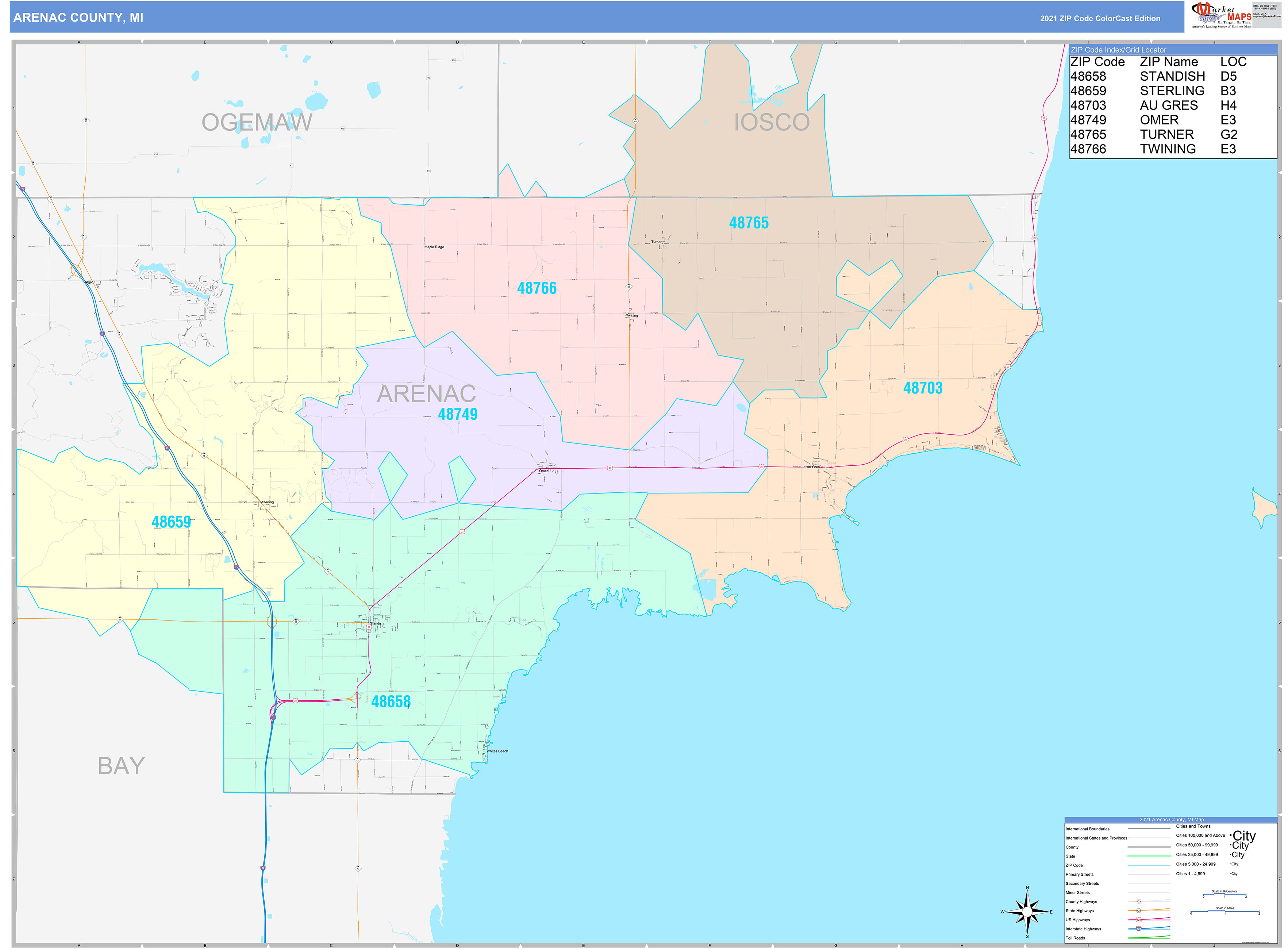 Arenac County Mi Wall Map Color Cast Style By Marketmaps