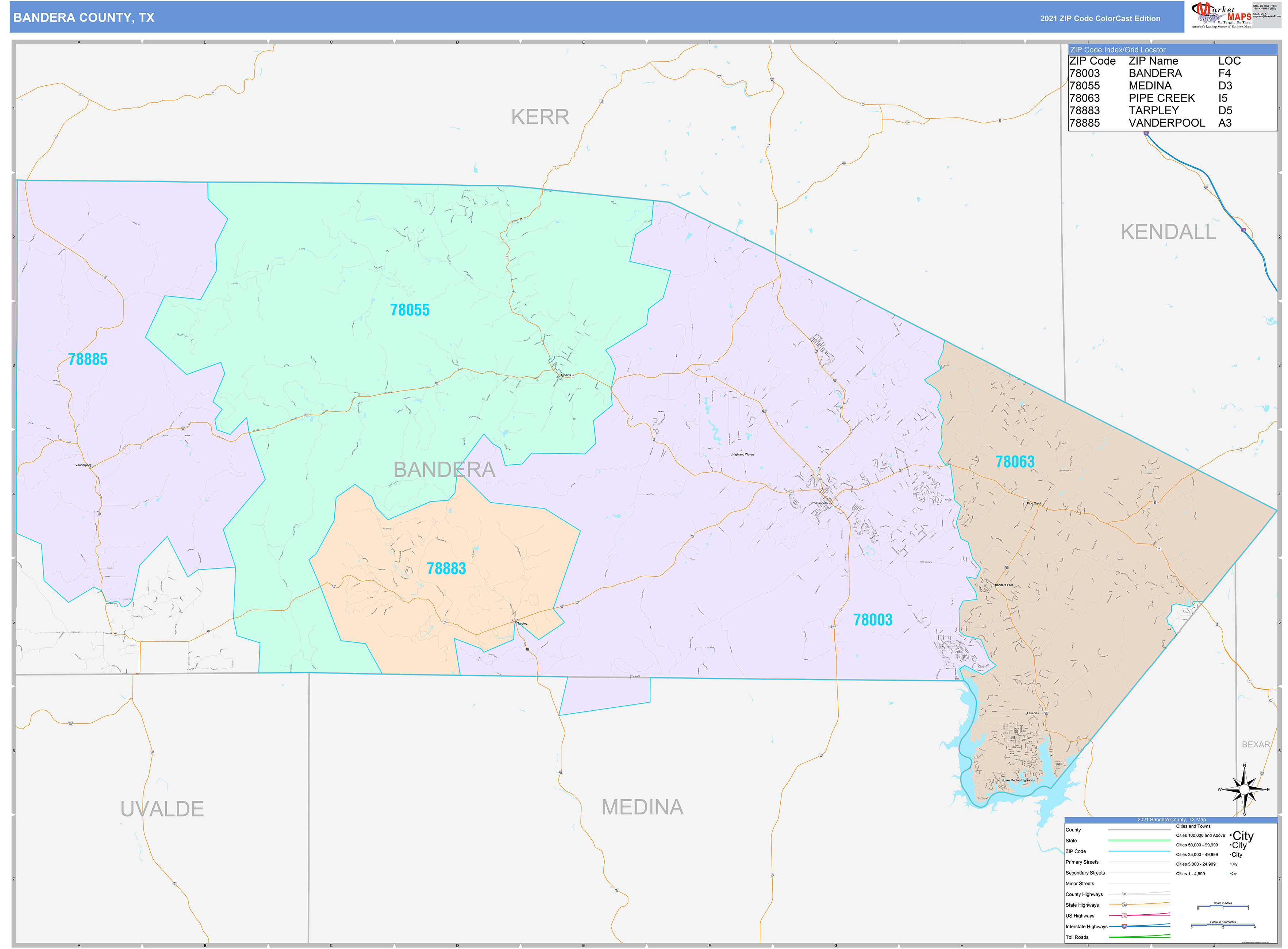 Bandera County, TX Wall Map Color Cast Style by MarketMAPS - MapSales.com