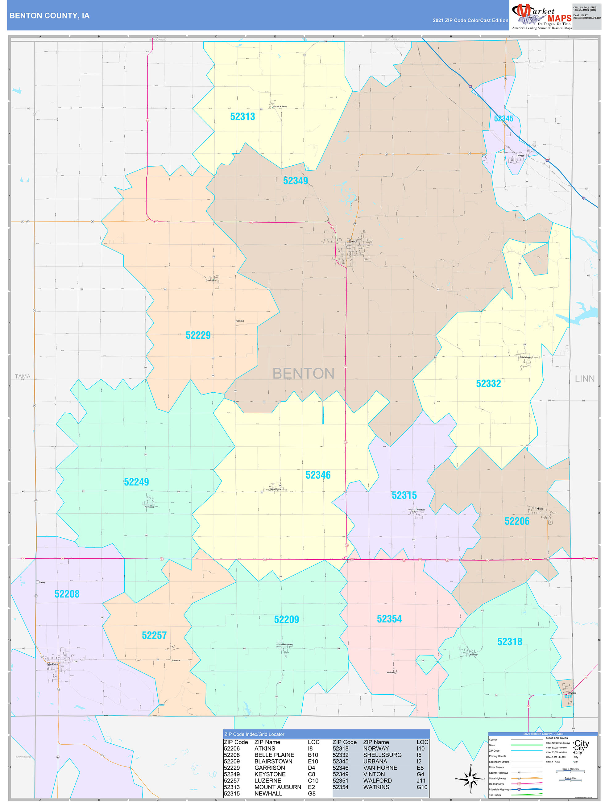 Benton County, IA Wall Map Color Cast Style by MarketMAPS - MapSales