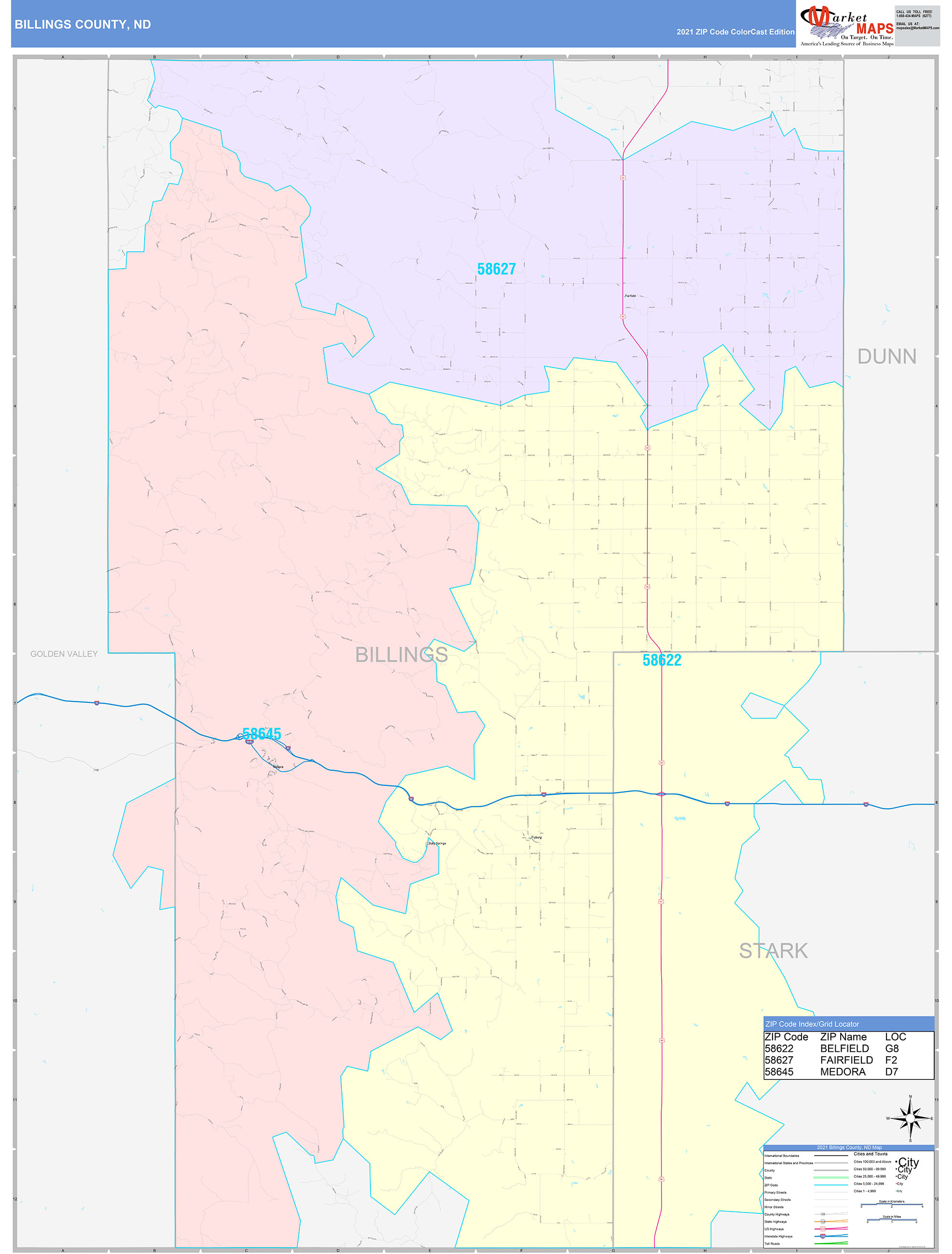 Billings County, ND Wall Map Color Cast Style by MarketMAPS - MapSales.com