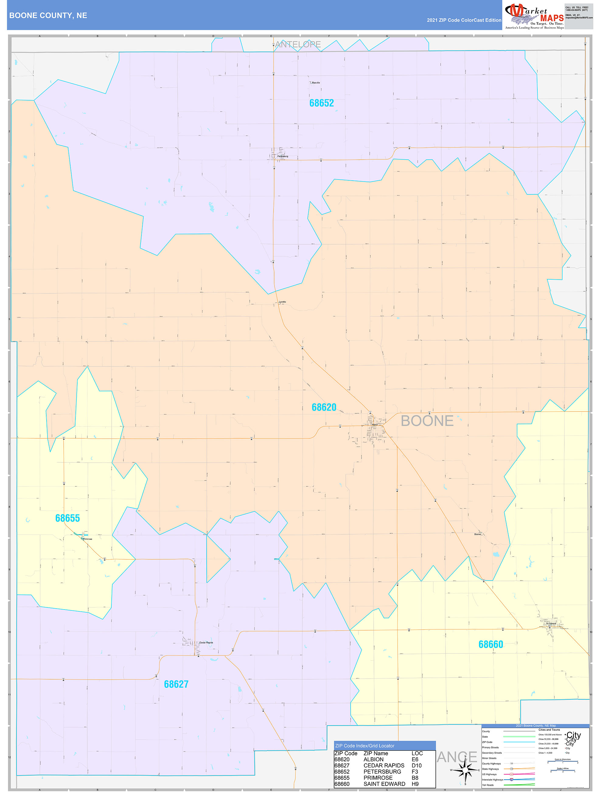 Boone County, NE Wall Map Color Cast Style by MarketMAPS - MapSales.com