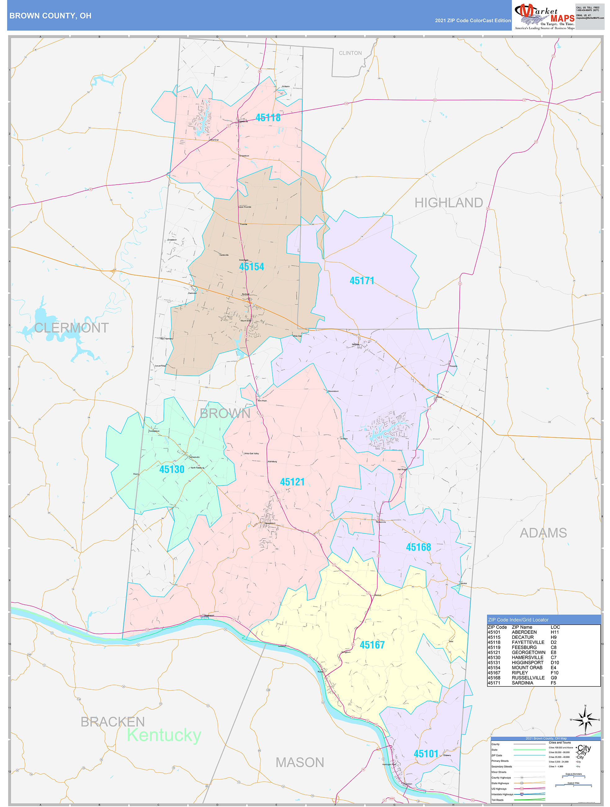 Brown County, OH Wall Map Color Cast Style by MarketMAPS - MapSales
