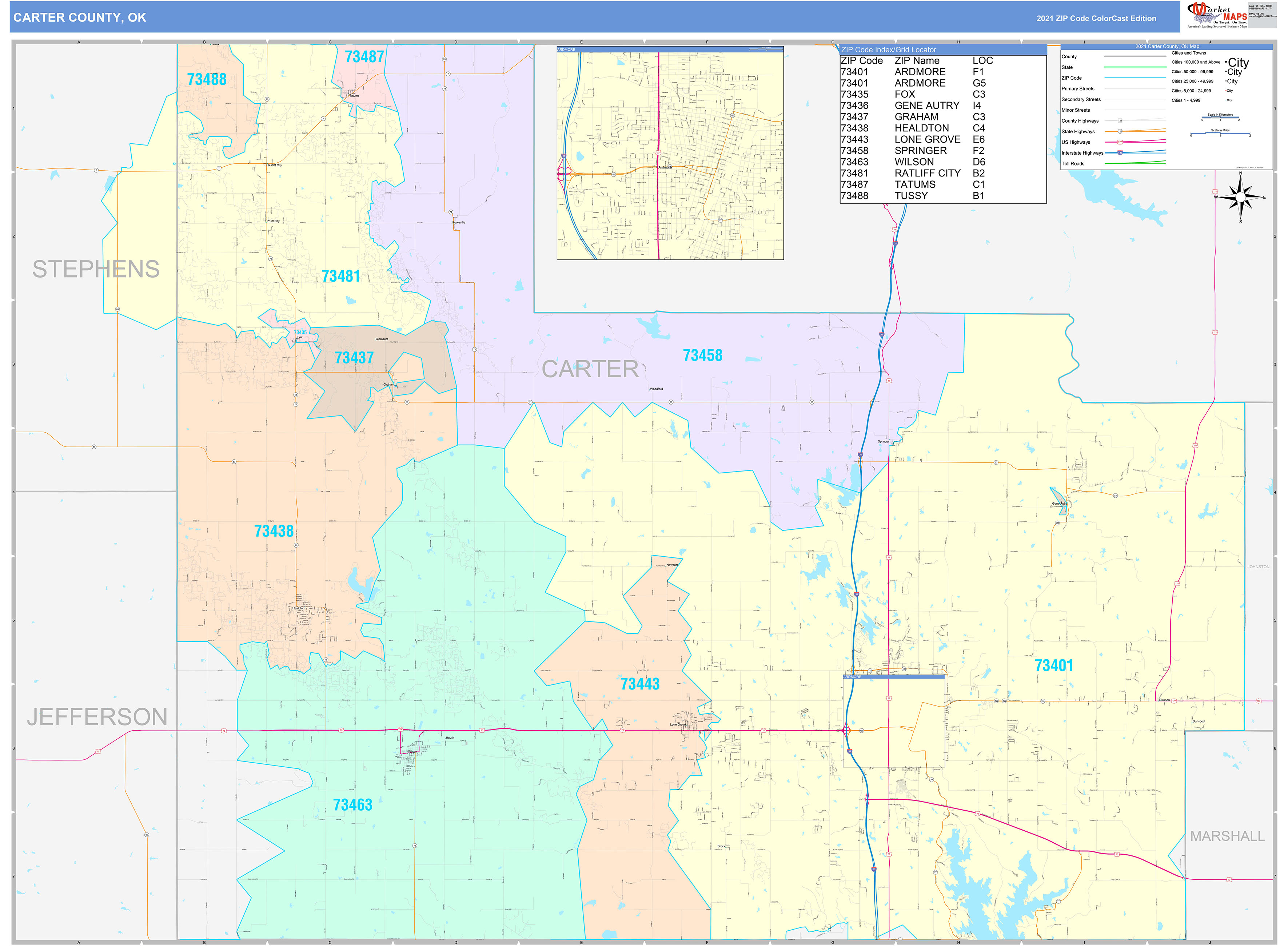 Carter County, OK Wall Map Color Cast Style by MarketMAPS - MapSales Carter County, OK Wall Map Color Cast Style by MarketMAPS - MapSales