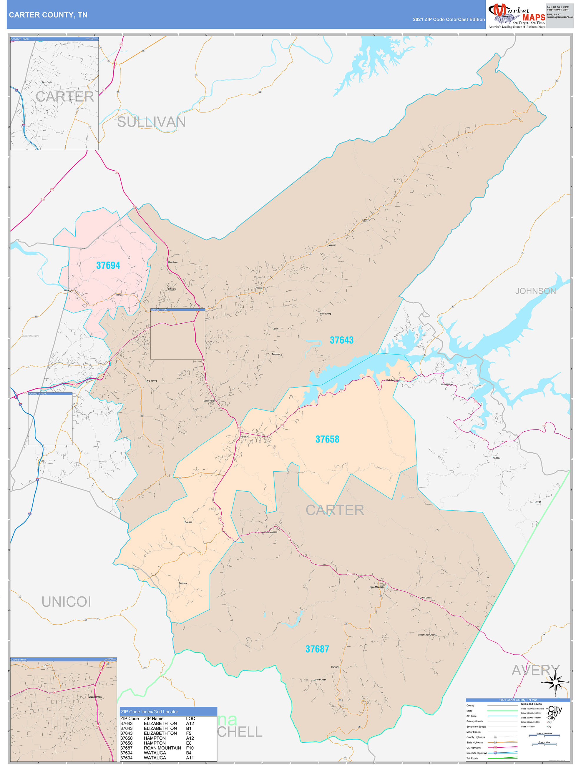 Carter County, TN Wall Map Color Cast Style by MarketMAPS - MapSales